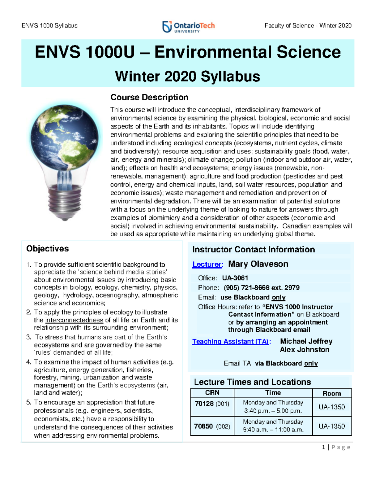 ENVS1000-W2020-Syllabus - Warning: TT: undefined function: 32 Lecture Times and Locations ...
