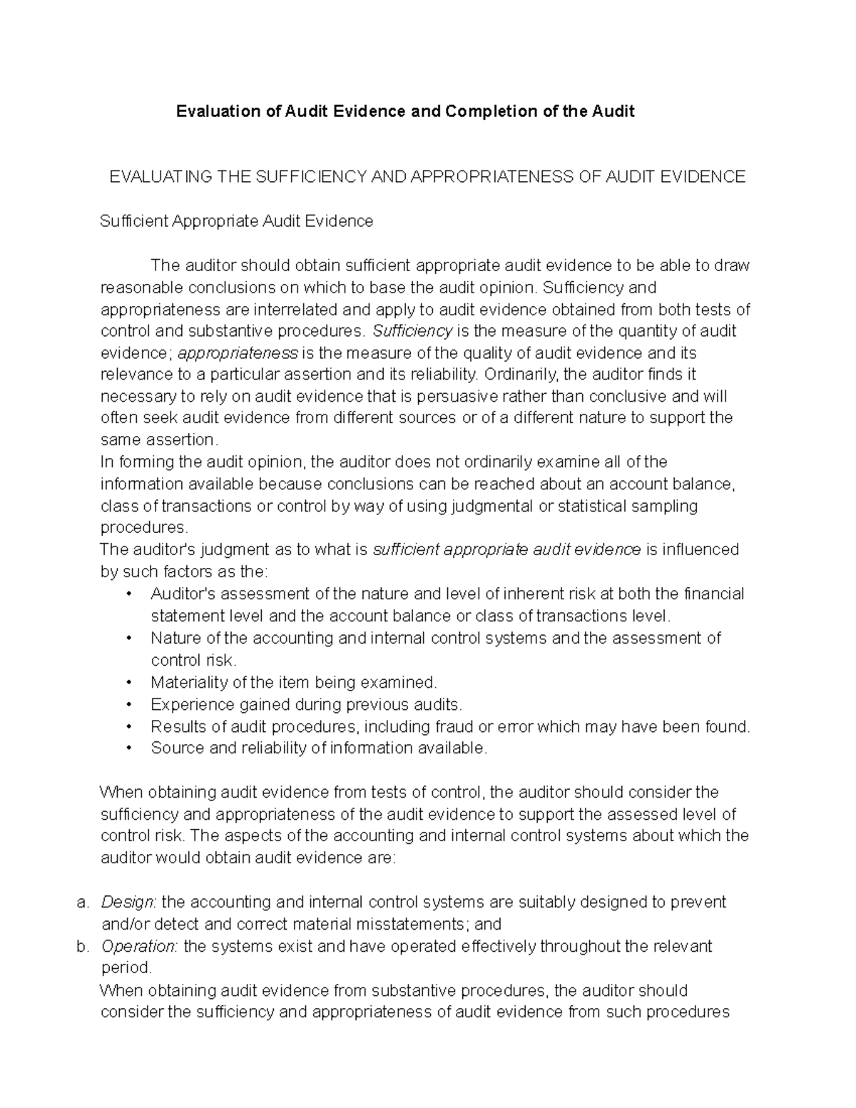 Evaluation of Audit Evidence and Completion of the Audit - Sufficiency ...