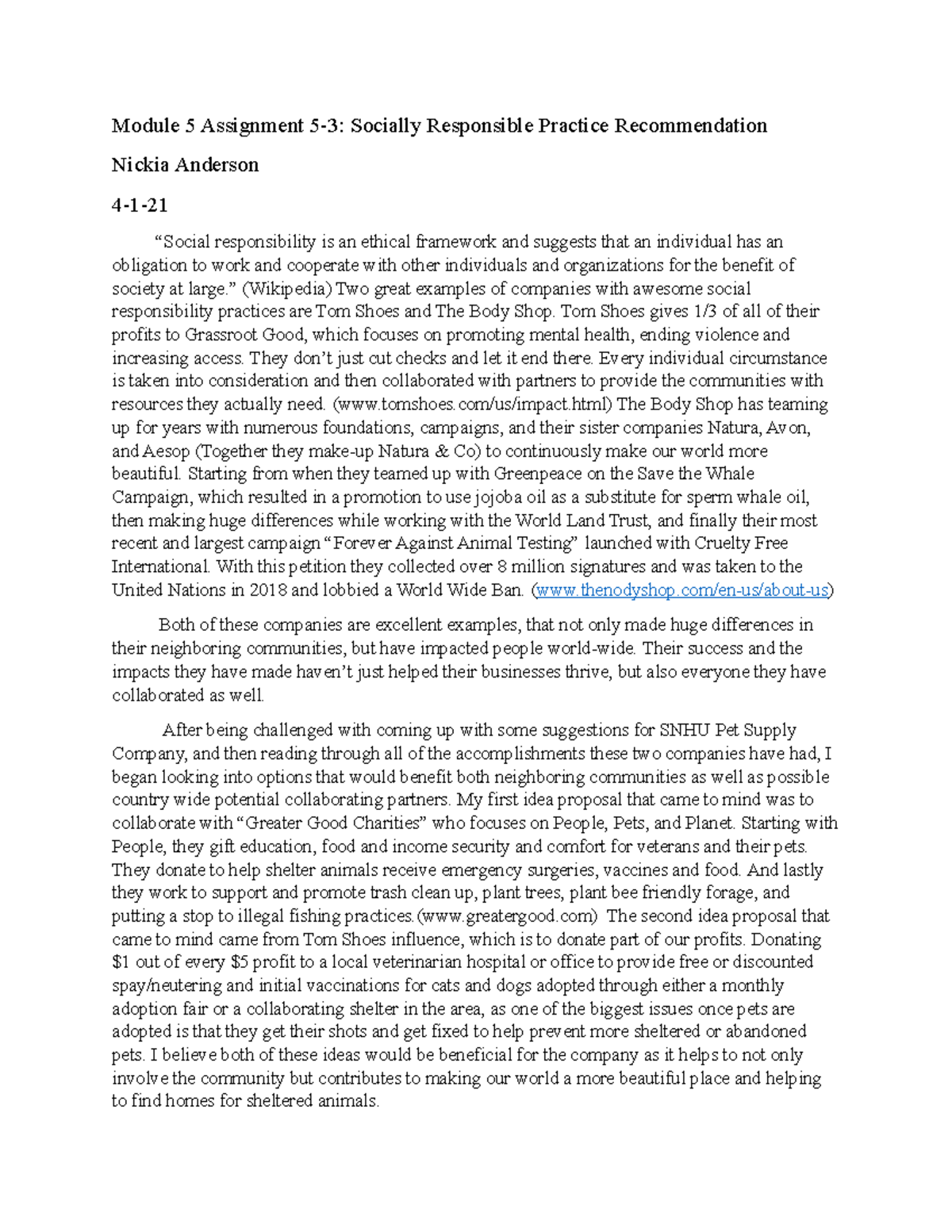 Module 5 Assignment 3-Socielly Responsible Practice Recommendation - Module 5 Assignment 5-3 ...