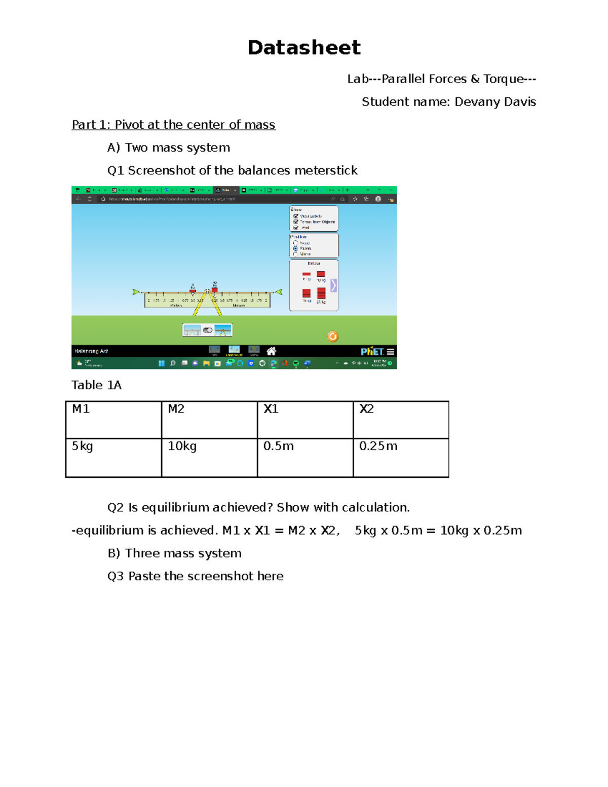 Lab Report (Torque) - Lab-Parallel Forces & Torque- Student name ...