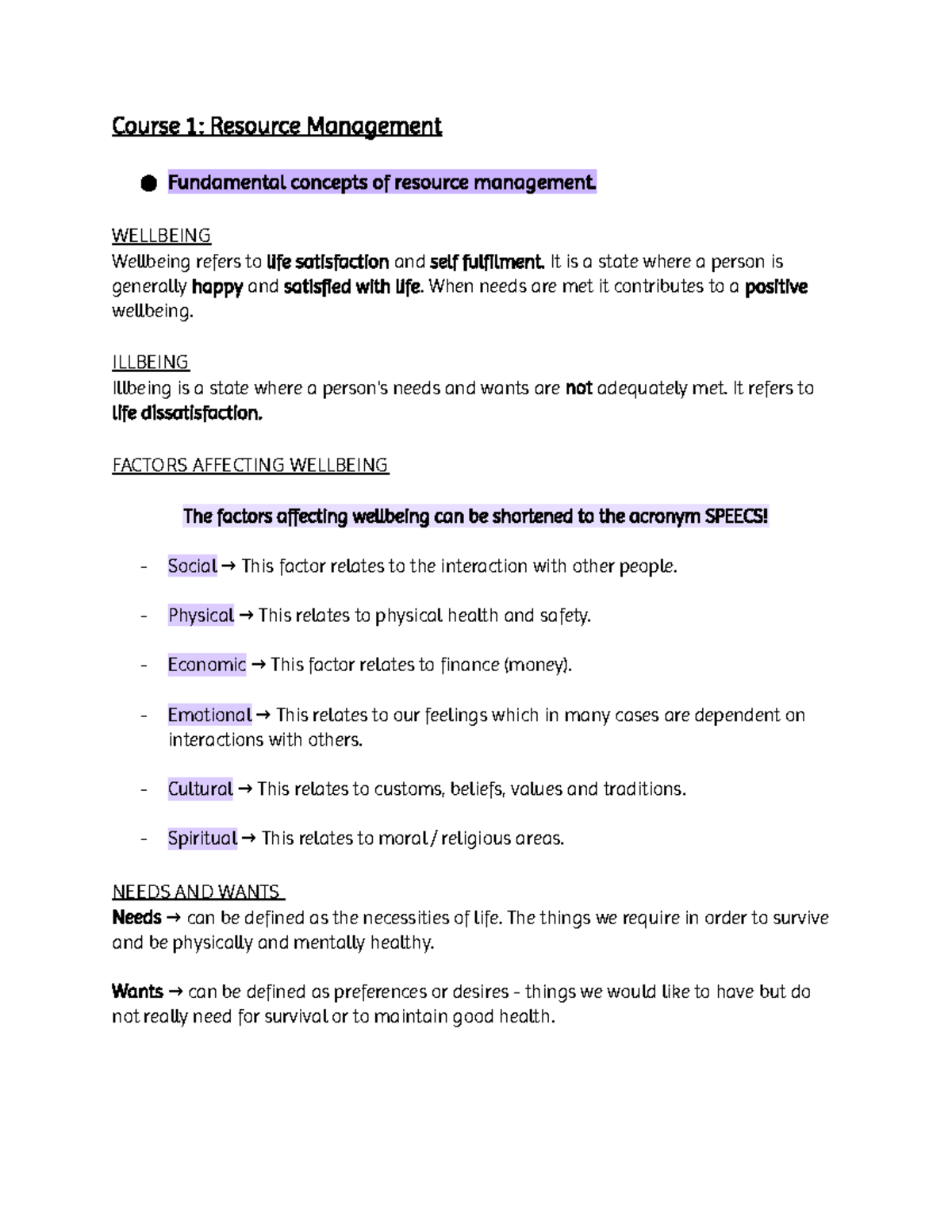 Community and Family Studies - Resource Management Notes - Course 1 ...