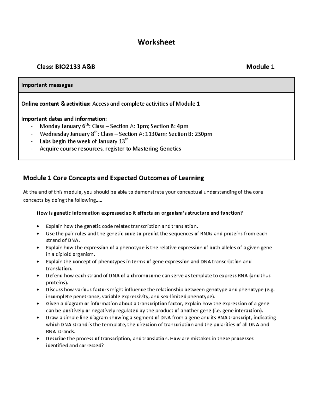 Worksheet Module 1 - Lecture notes 1-3 - Worksheet Class: BIO2133 A&B ...