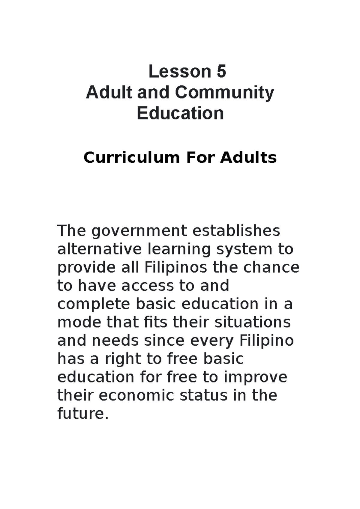 Activity 5 Ph D307 - notes - Lesson 5 Adult and Community Education ...