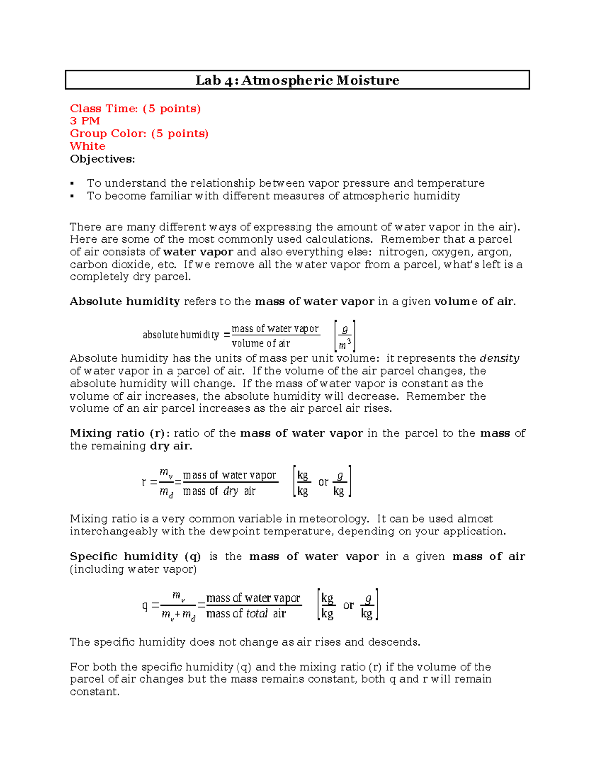 Lab 4 2 Repaired Lab 4 Lab 4 Atmospheric Moisture Class Time 5 Points 3 Pm Group Color 6066