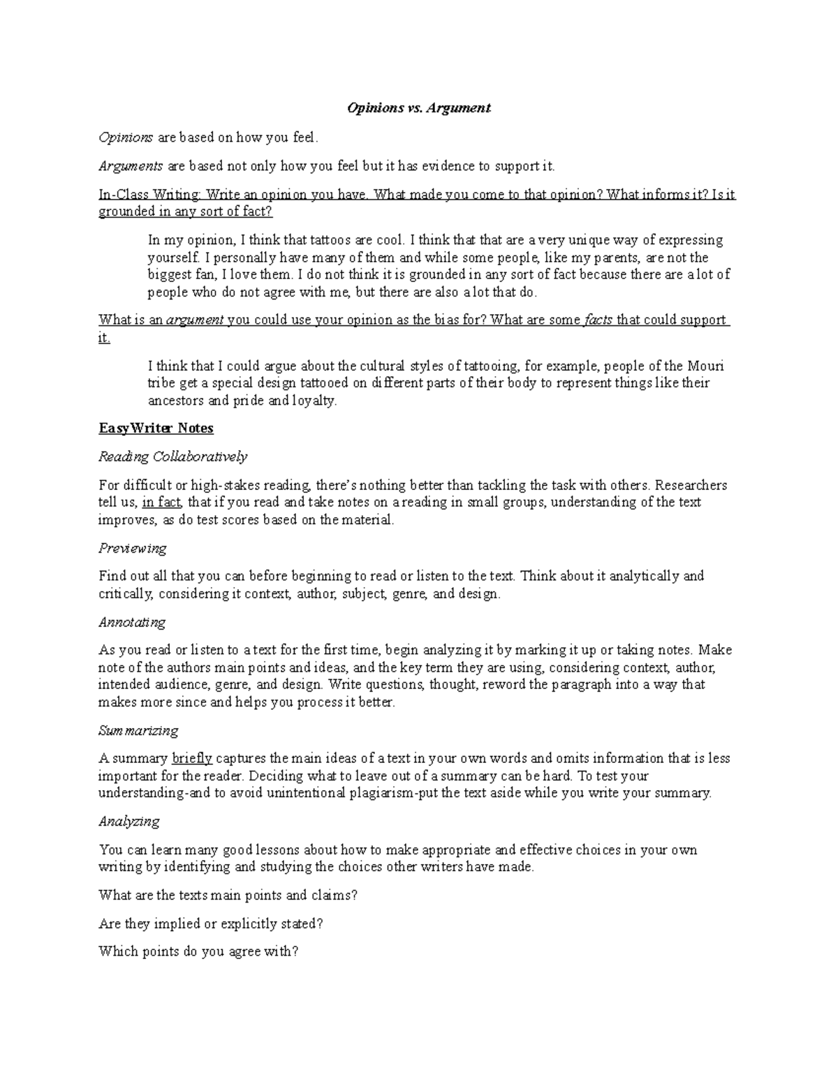 Opinions vs Arguments - Opinions vs. Argument Opinions are based on how ...