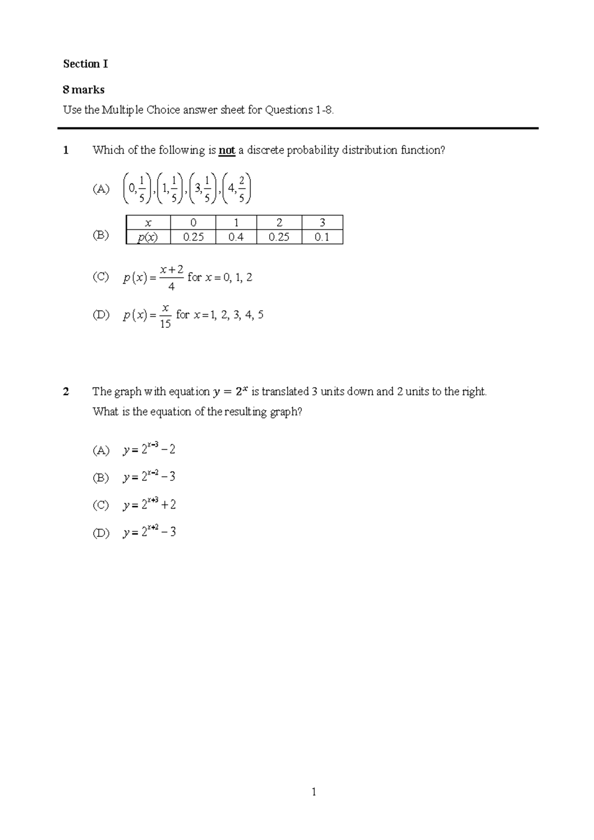 HSC Mathematics Task 1 2021 - Section I 8 marks Use the Multiple Choice ...
