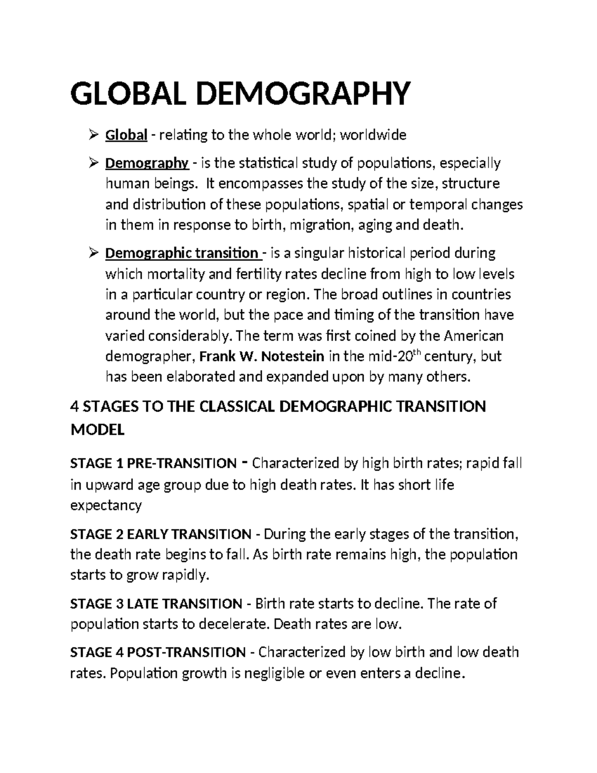 TCW notes midterm - GLOBAL DEMOGRAPHY Global - relating to the whole ...