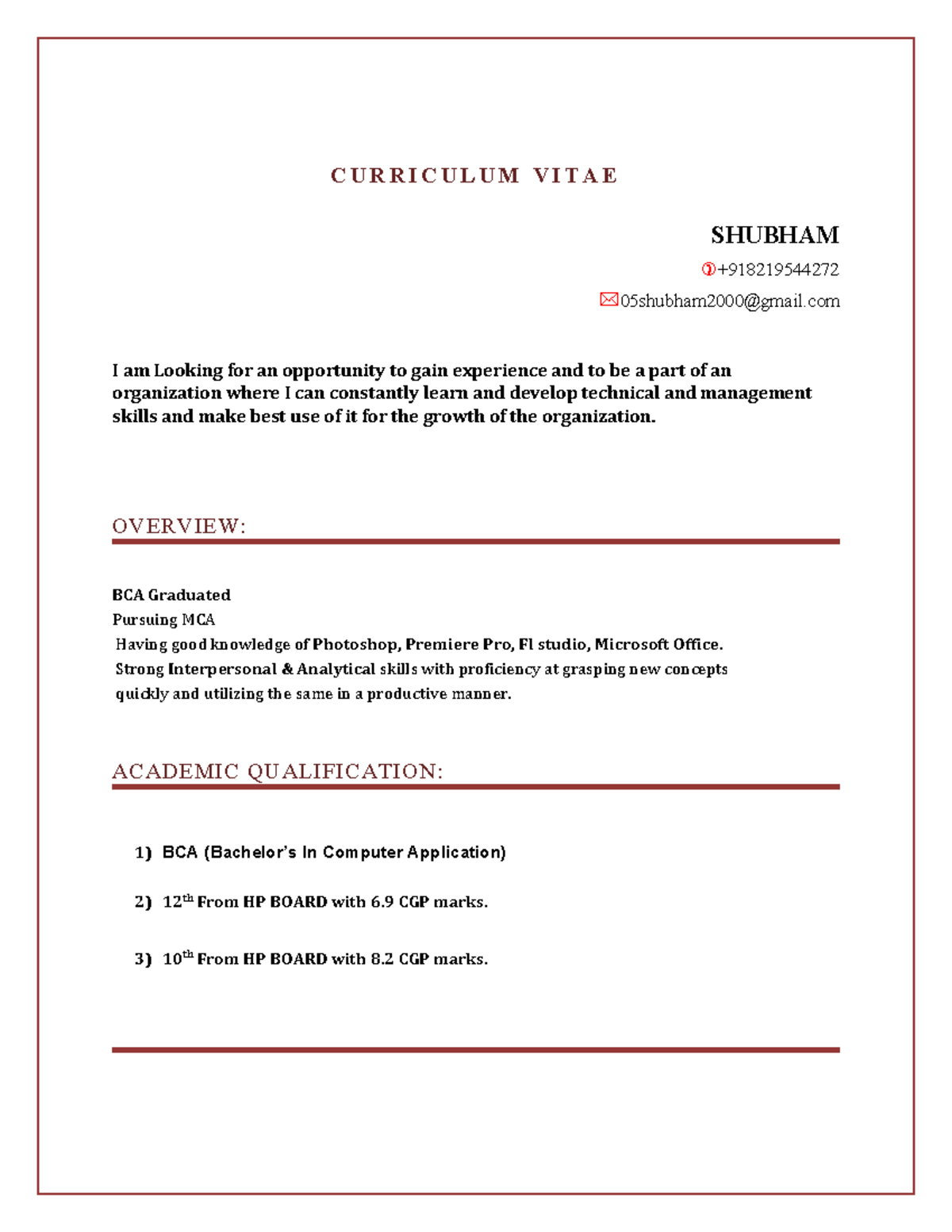 Shubham CV - This is a project report sample page. - C U R R I C U L U ...