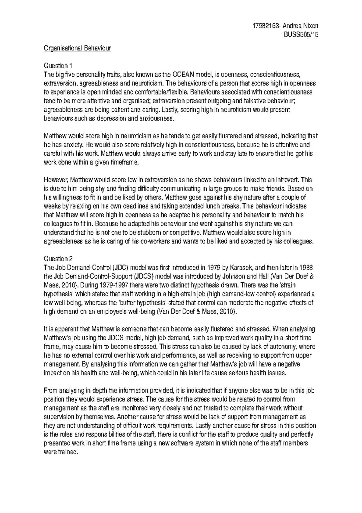 Organisational Behaviour - BUSS505/ Organisational Behaviour Question 1 ...