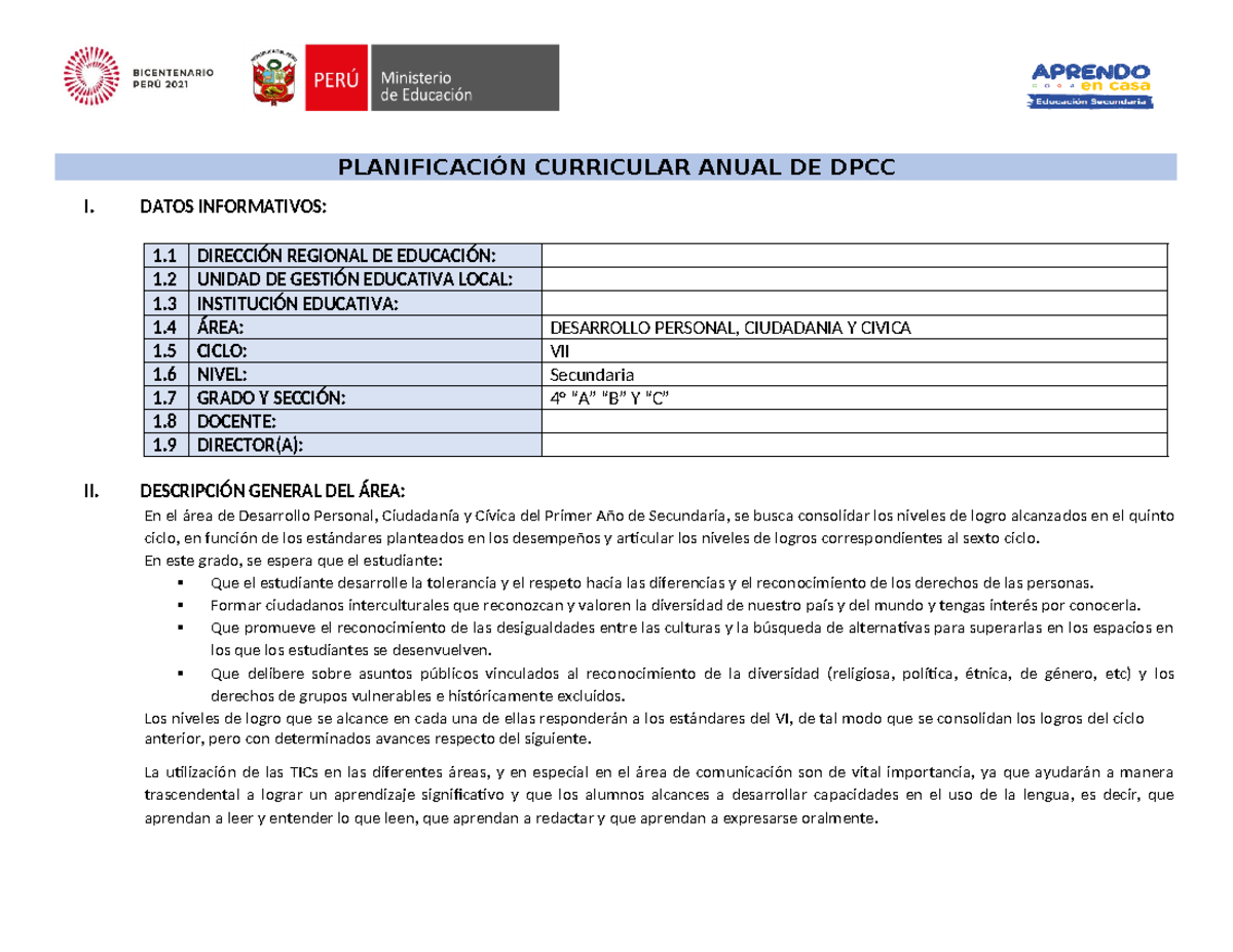 Programacion Anual 4° DPCC - PLANIFICACIÓN CURRICULAR ANUAL DE DPCC I. DATOS INFORMATIVOS: 1 ...