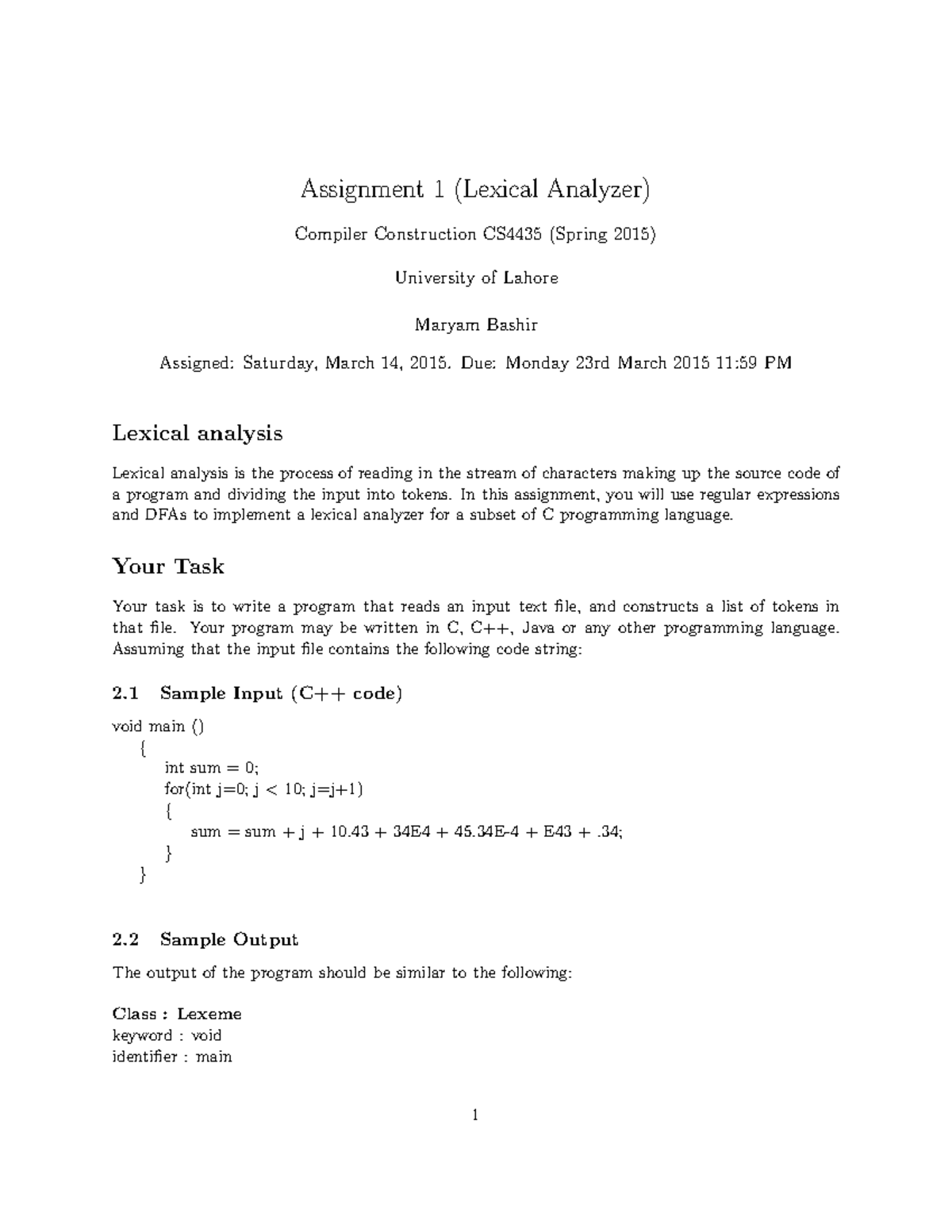 Assignment 1 (Lexical Analyzer) - Assignment 1 (Lexical Analyzer ...