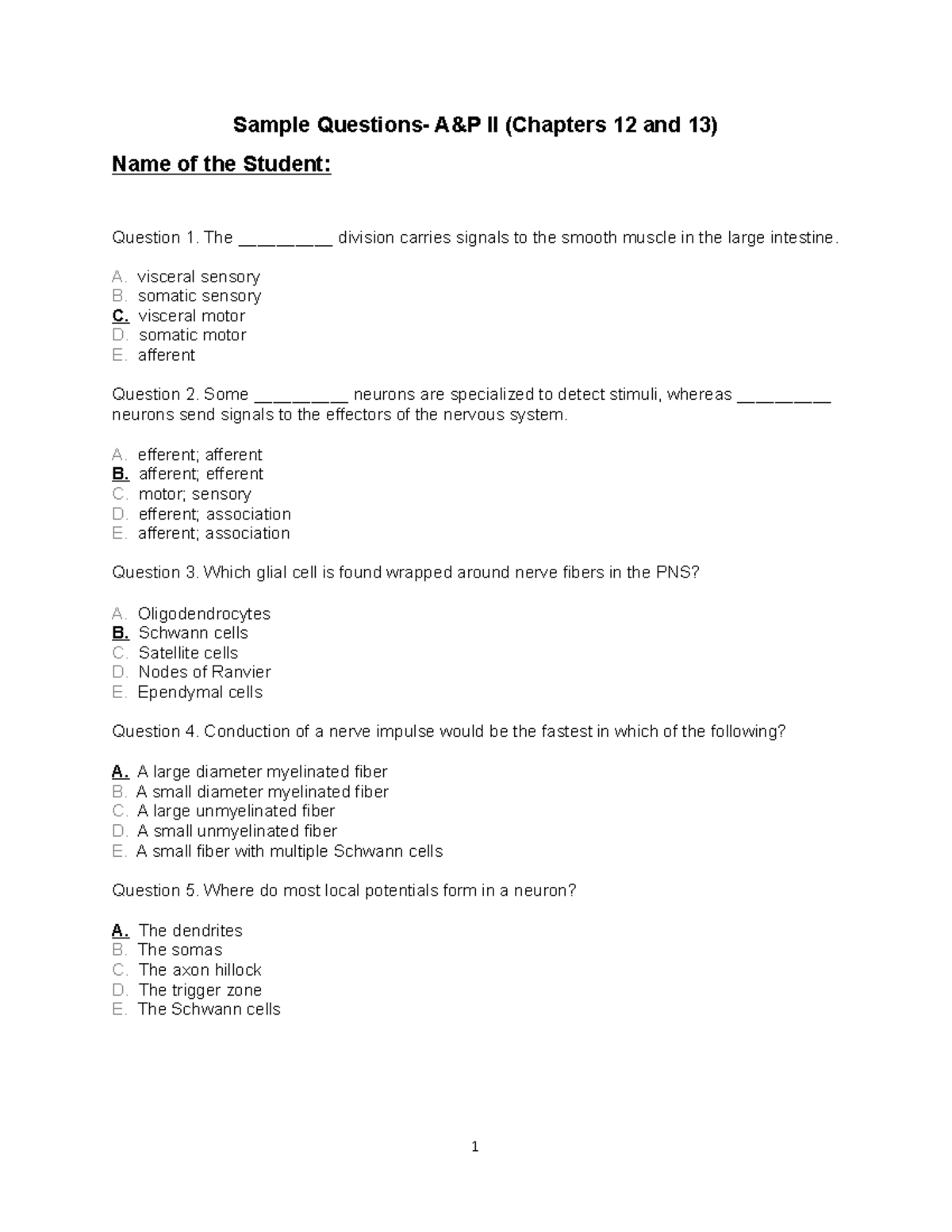 Sample Questions- Chapters 12 and 13 - Sample Questions- A&P II ...