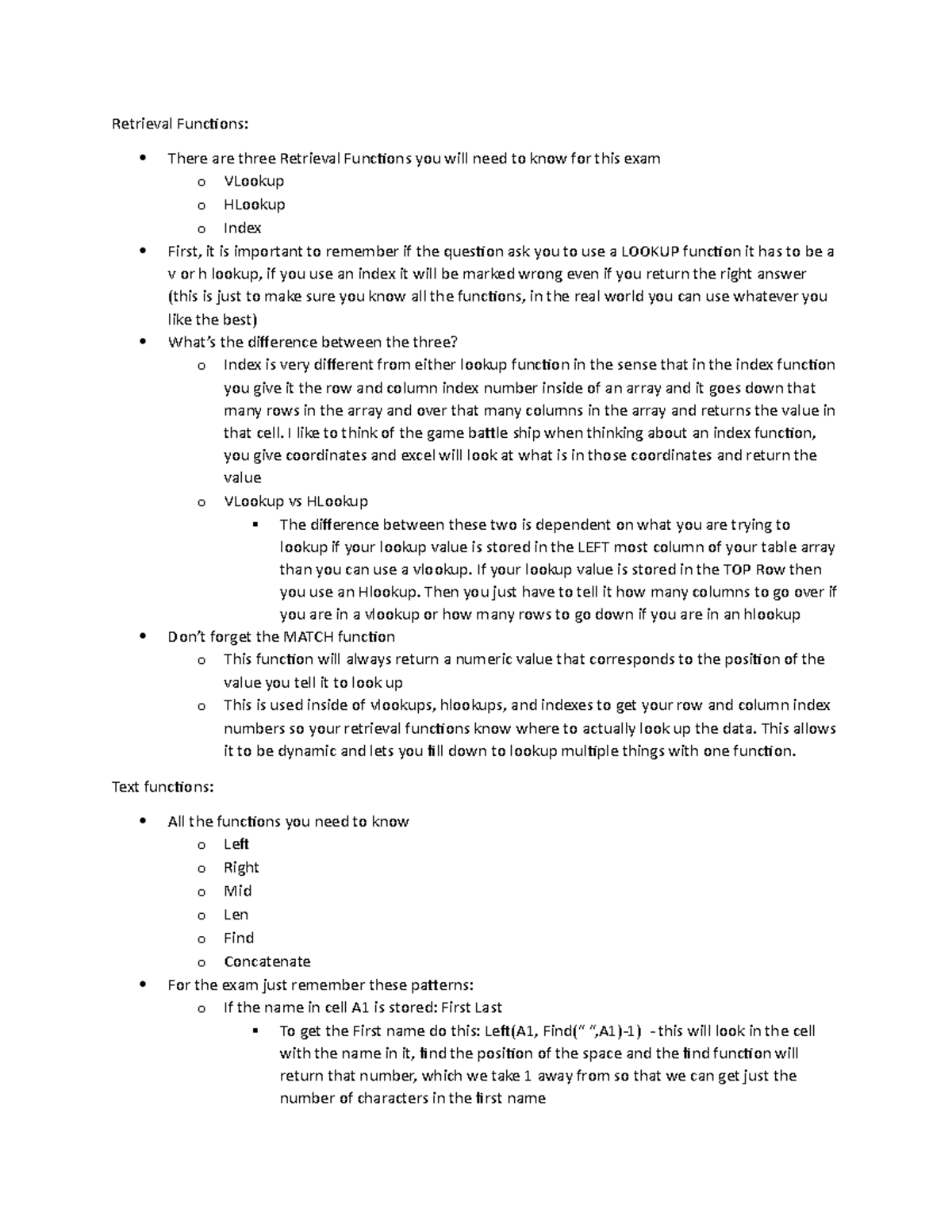 K201 Excel Exam Final Notes - Retrieval Functions: There are three ...