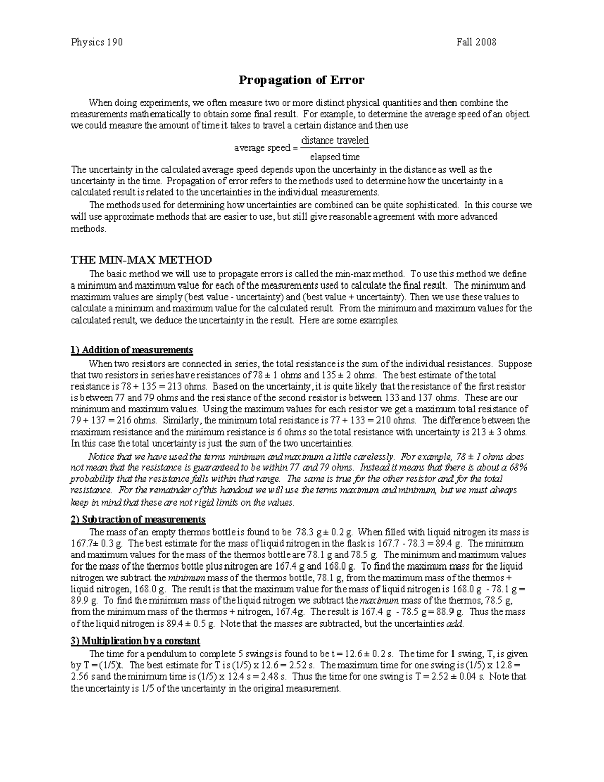 Phys190 uncertainties II - Physics 190 Fall 20 08 Propagation of Error ...