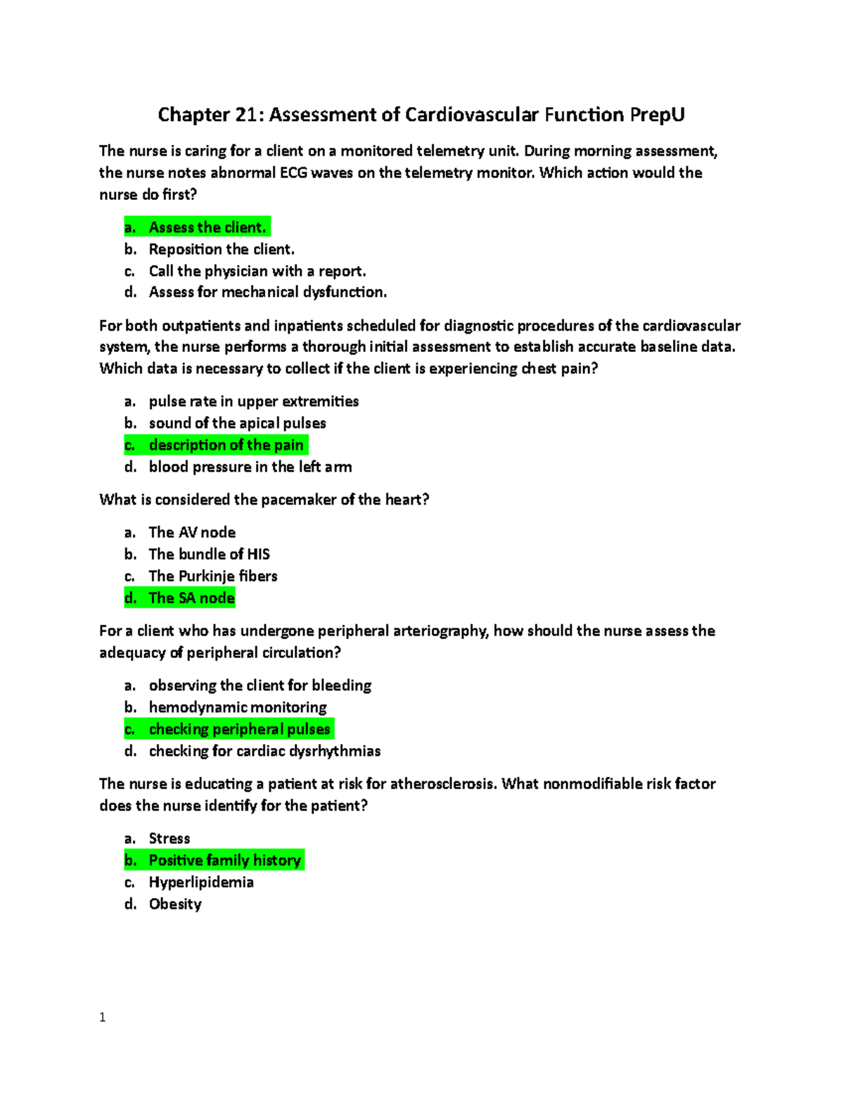 Assessment of Cardiovascular Function Prep U - During morning ...