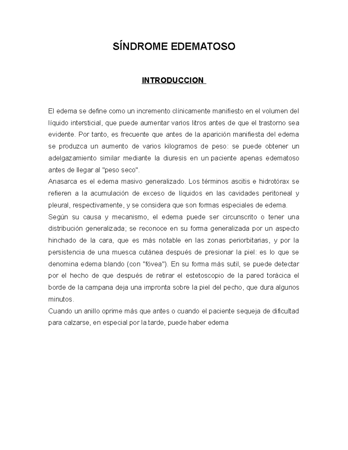 Síndrome Edematoso - Resumen sobre el edema, su definición ,mecanismos ...