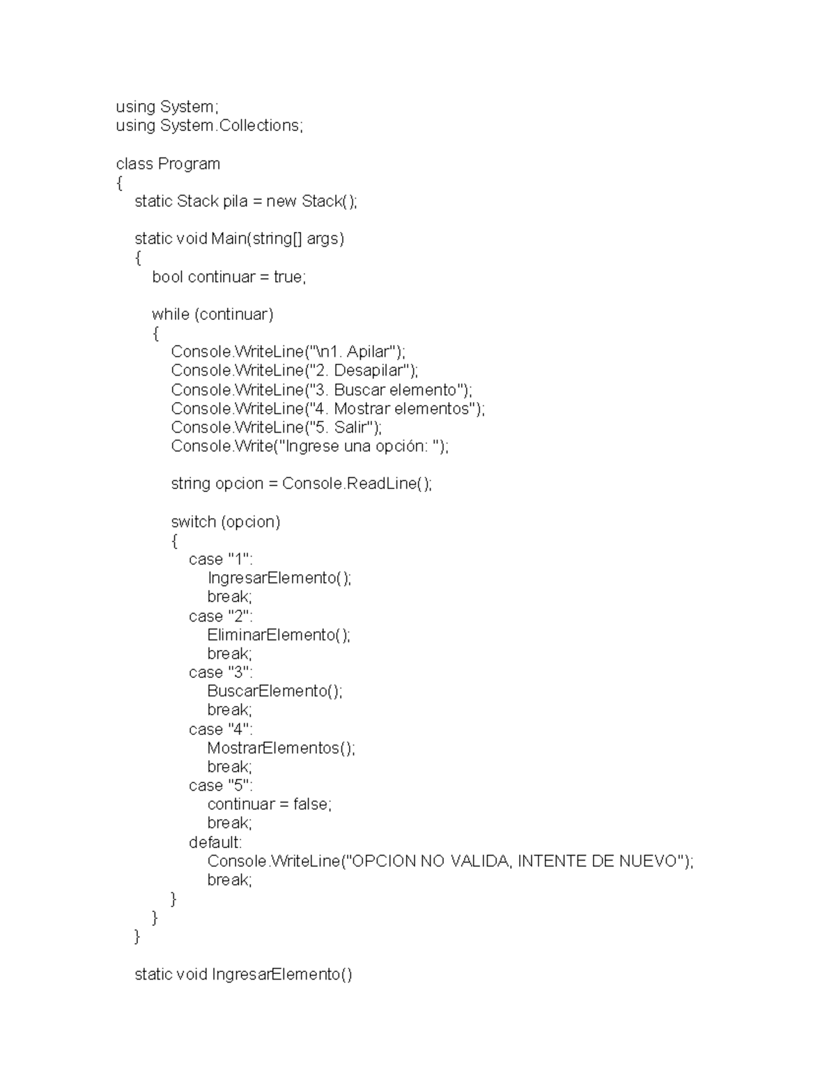 Entregable 8 - CODIGO DE PROGRAMA - using System; using System; class Program { static Stack ...
