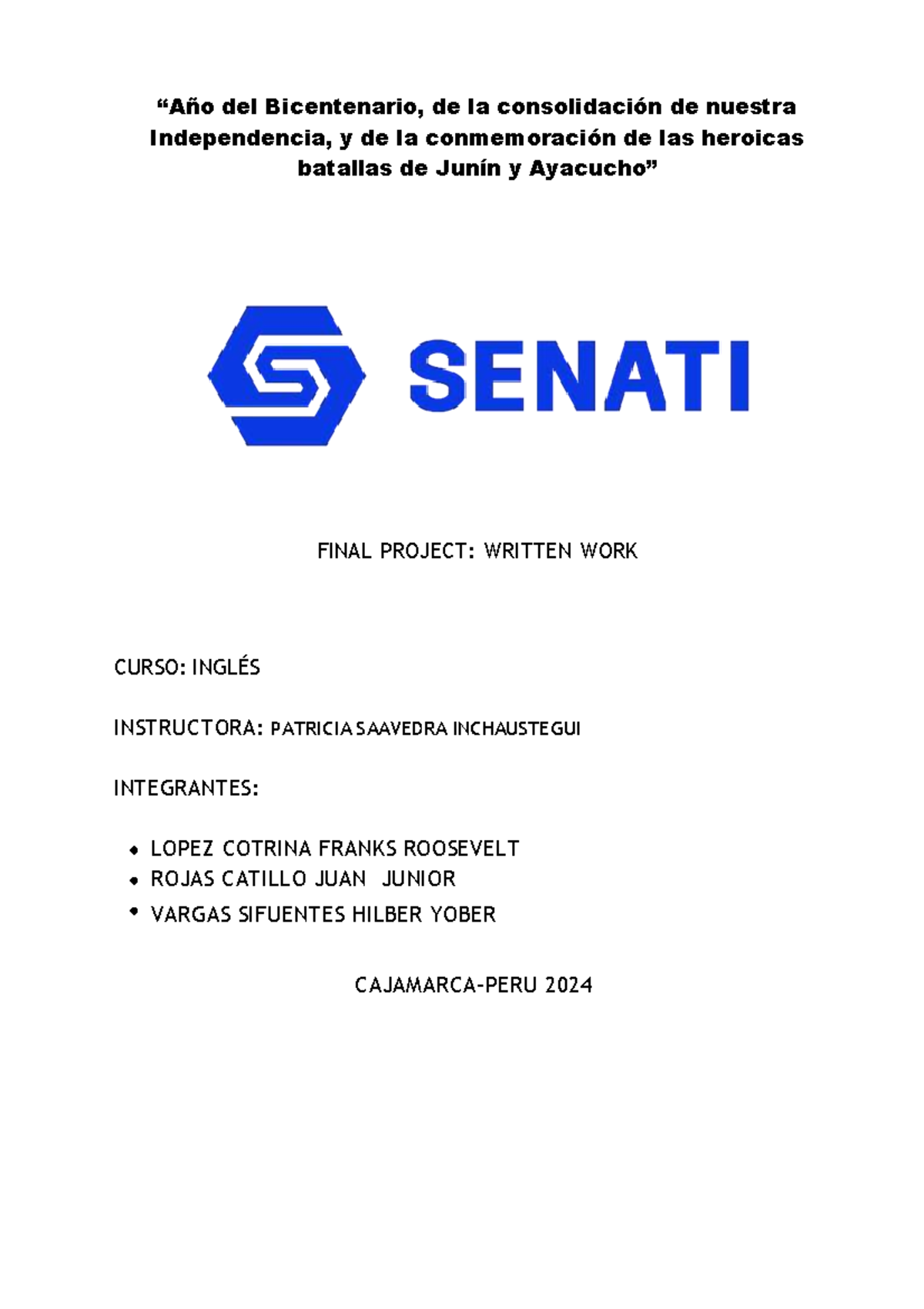 Ingles pdf Entragable 1 Animal Extinto - “Año del Bicentenario, de la ...