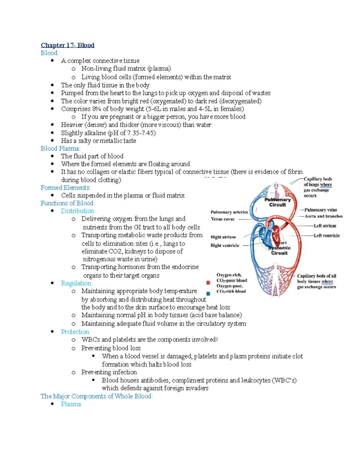 NURS 1012 Ch.17 Notes - Blood - Chapter 17- Blood Blood: A complex ...