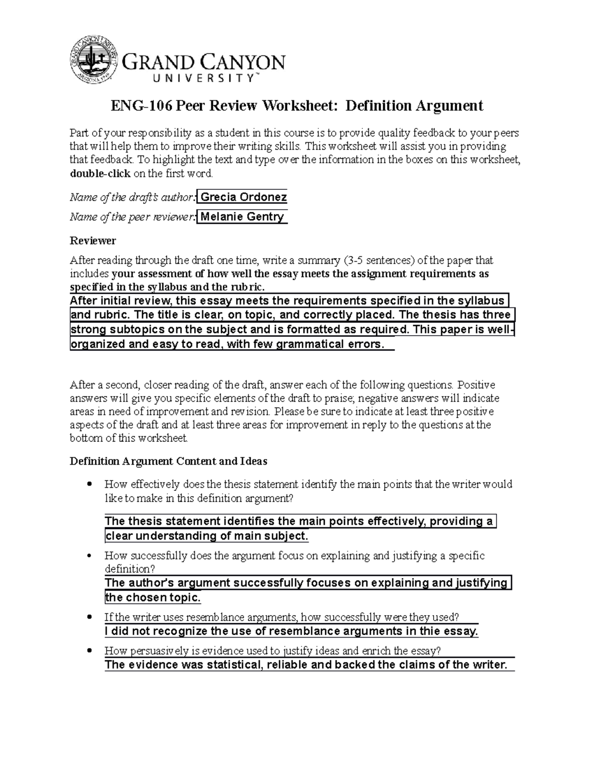 Peer Review Worksheet: Definition Argument - Studocu