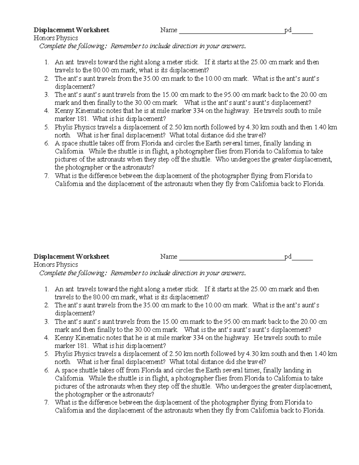 Displacement Worksheet 0910 - Displacement Worksheet Name ...