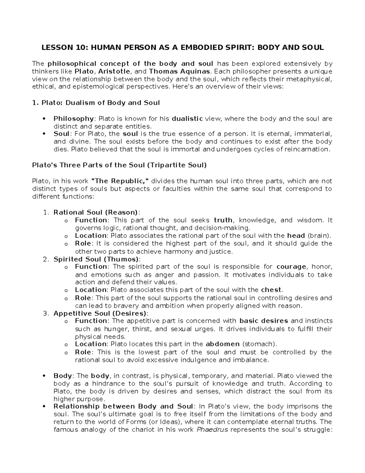 Lesson 10- Body and Soul - LESSON 10: HUMAN PERSON AS A EMBODIED SPIRIT ...