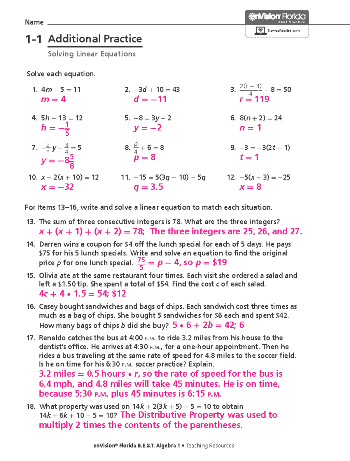 1.1 - 1.3 Review Answers - Name SavvasRealize B.E.S. ALGEBRA 1 ...