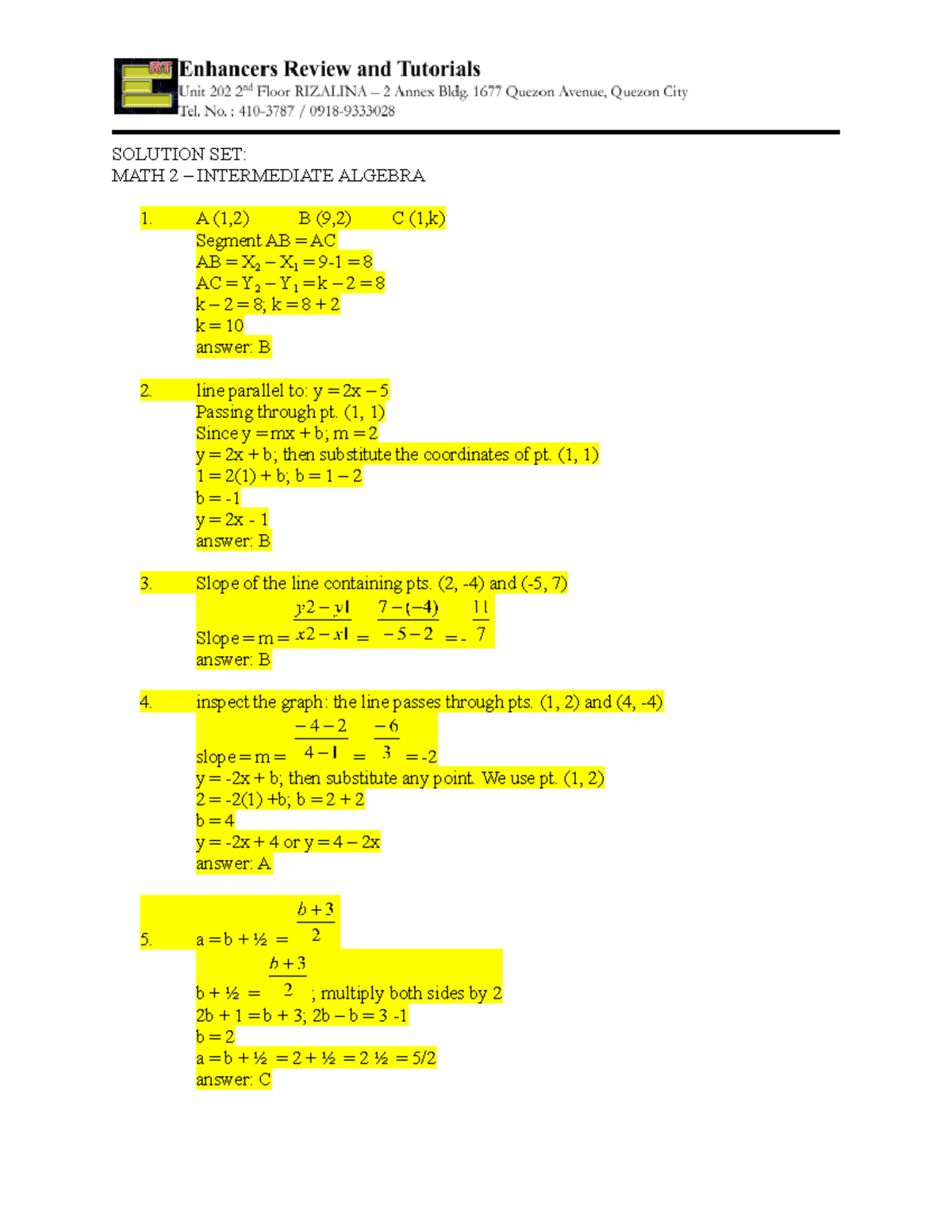 Math - Math Diagnostic - SOLUTION SET: MATH 2 – INTERMEDIATE ALGEBRA A ...