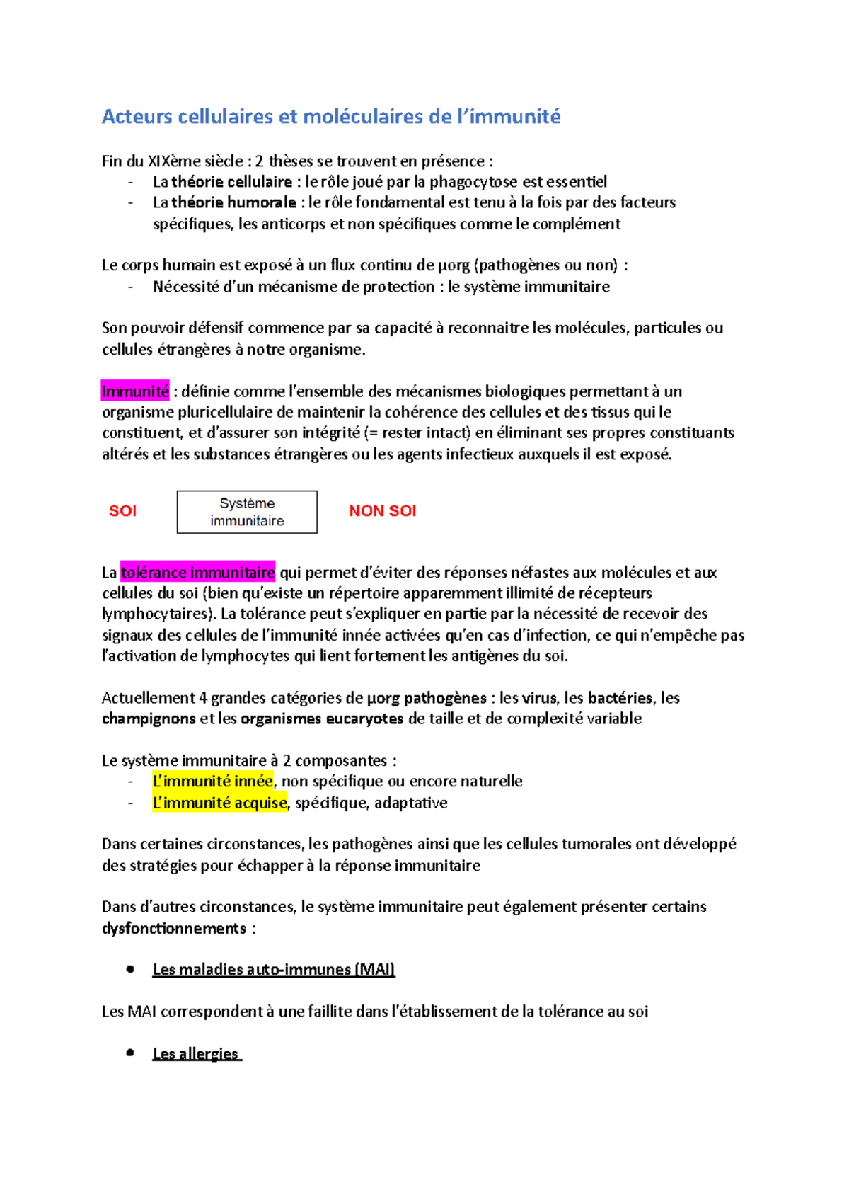 Acteurs cellulaires et moléculaires - Immunité : définie comme l ...