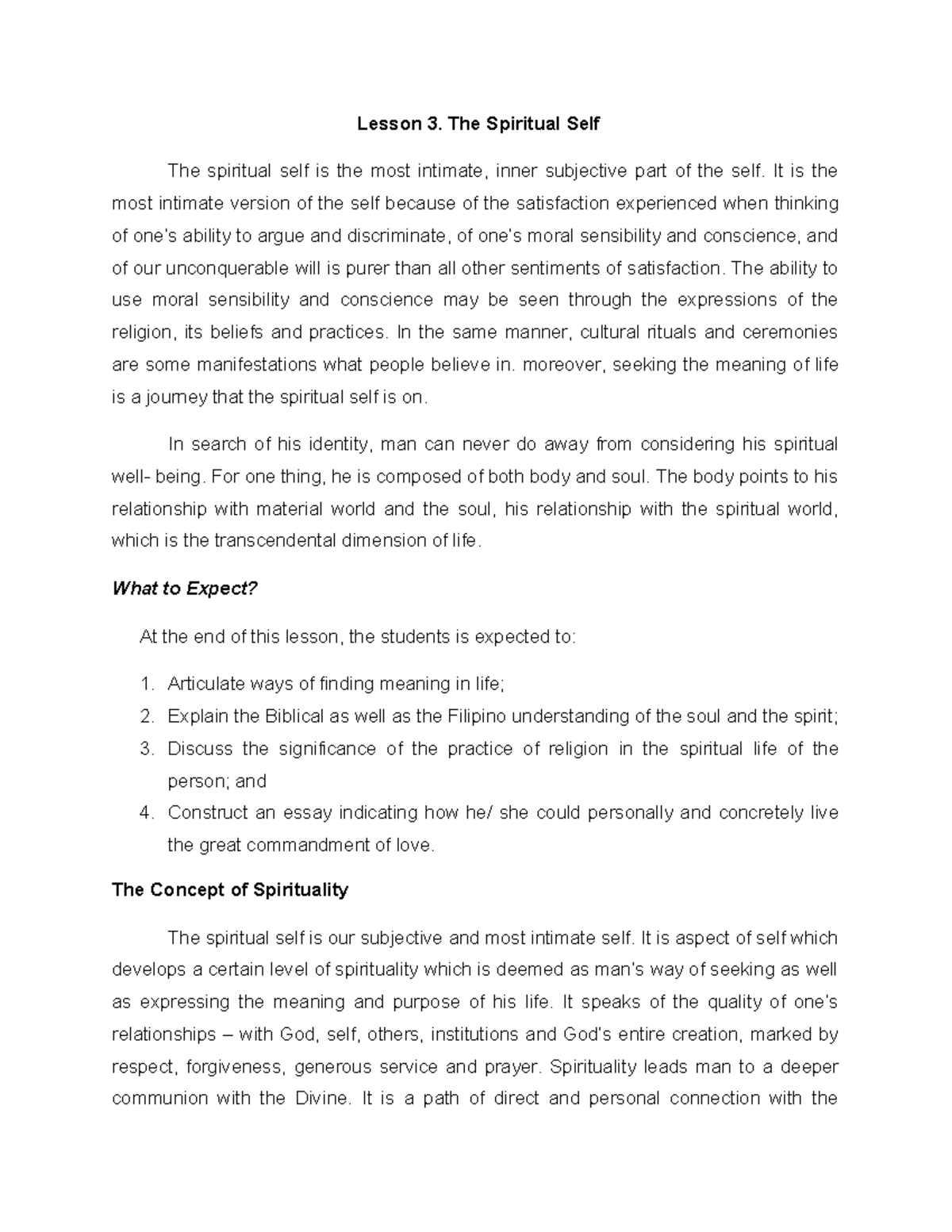 Lesson-3 - Lesson 3. The Spiritual Self The spiritual self is the most ...