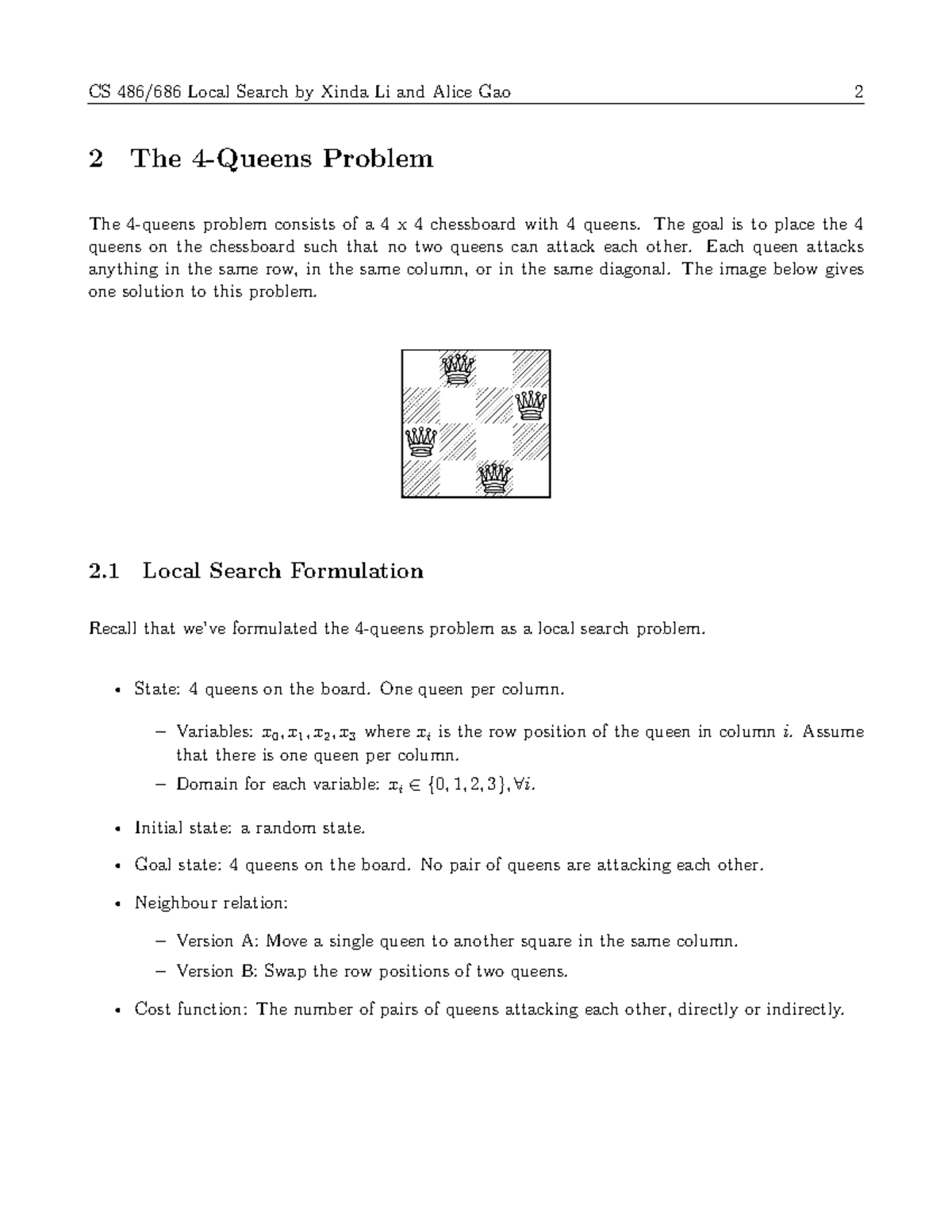 N Queen with Hill climbing - 2 The 4-Queens Problem The 4-queens ...