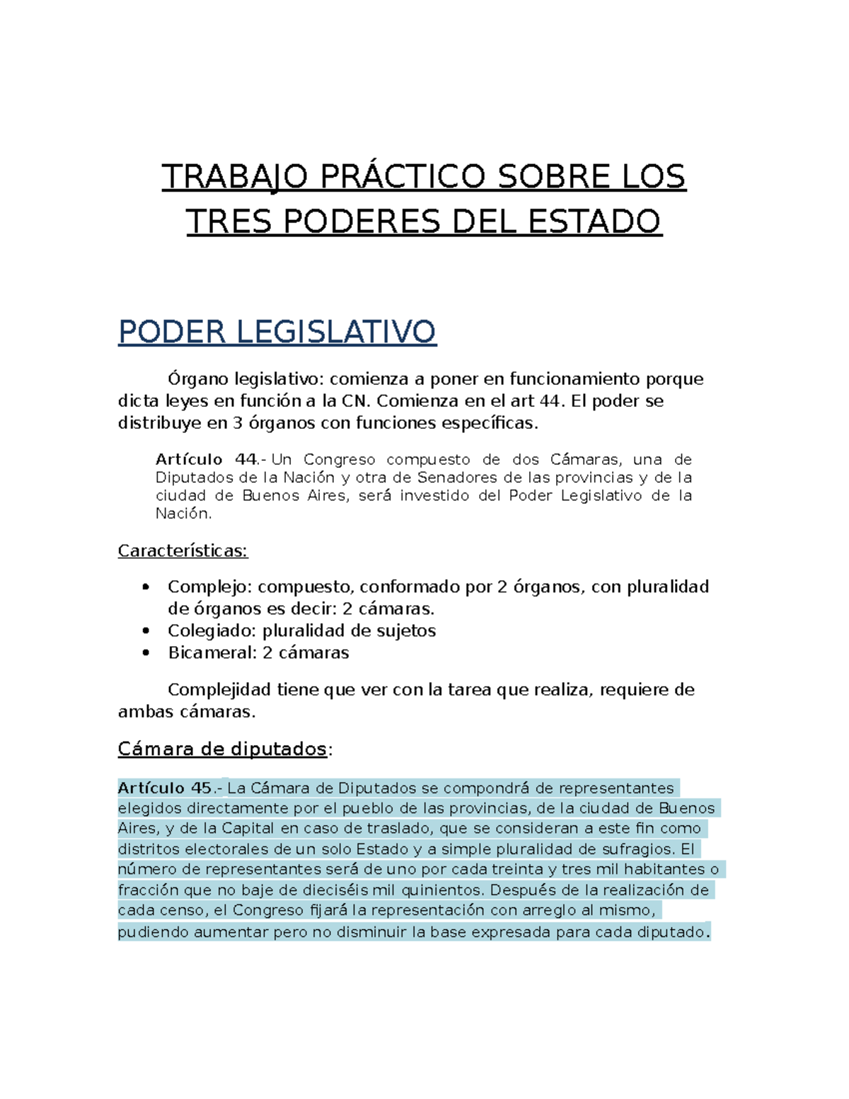 TP de Derecho Uade - TRES PODERES DEL ESTADO - TRABAJO PRÁCTICO SOBRE ...