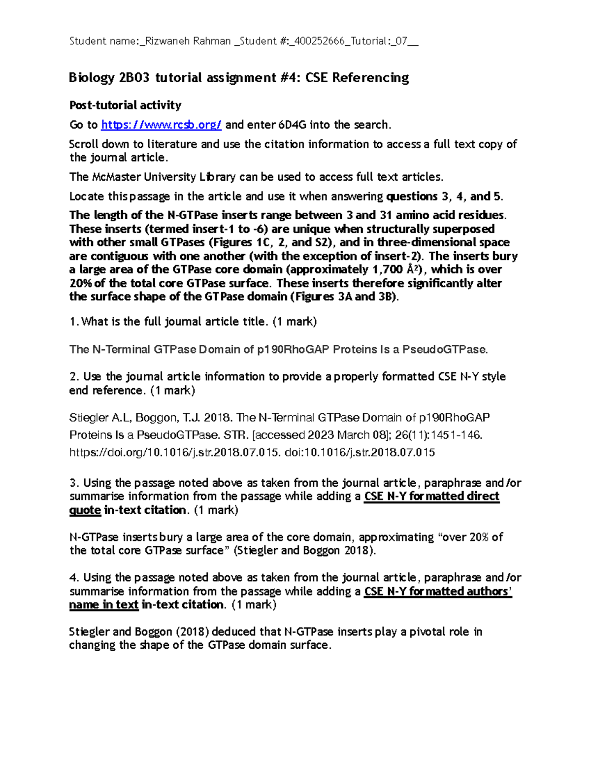 Tut 4 2B03 - Tutorial assignment 4 - Biology 2B03 - McMaster - Studocu