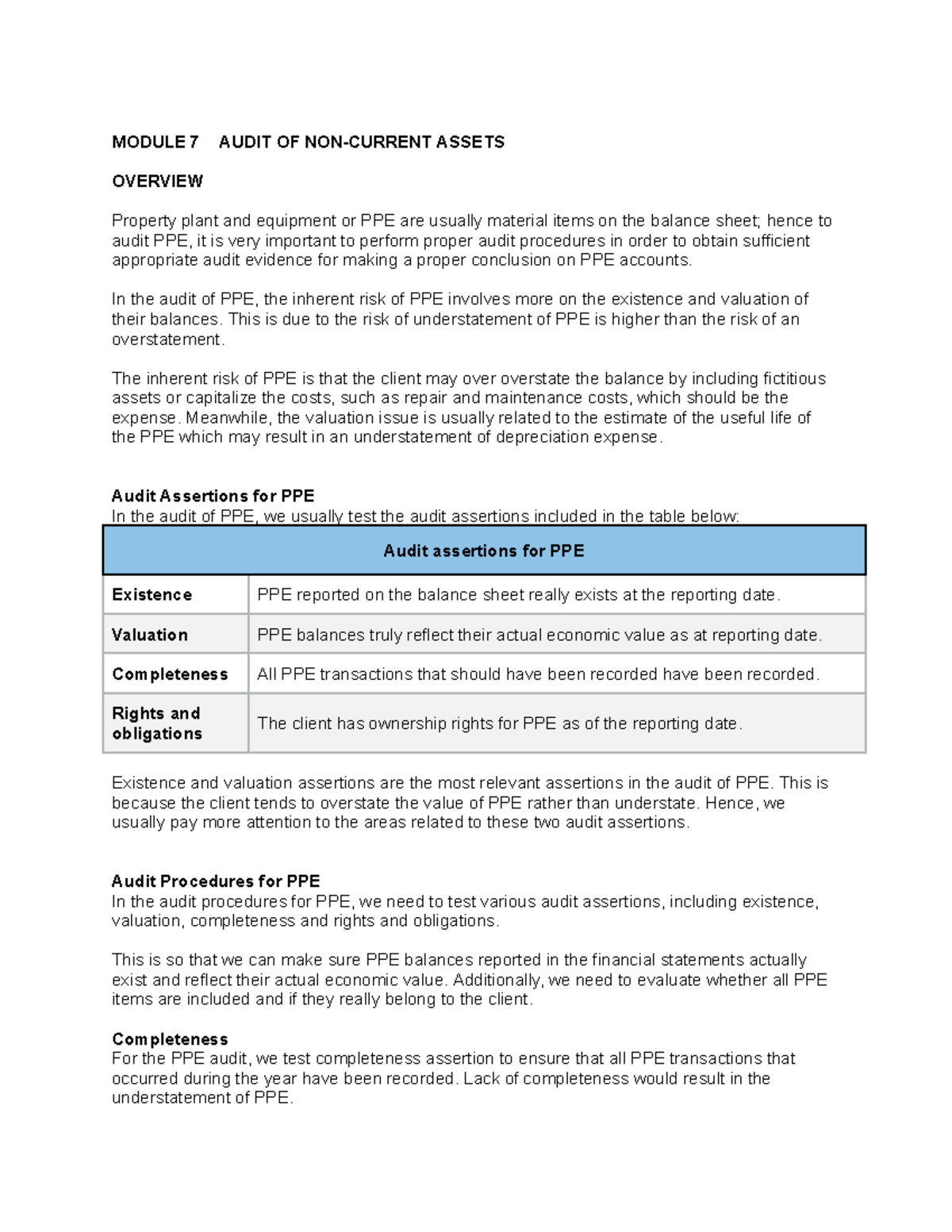 AUD Module 7 - Audit of Non-current Assets - MODULE 7 AUDIT OF NON ...