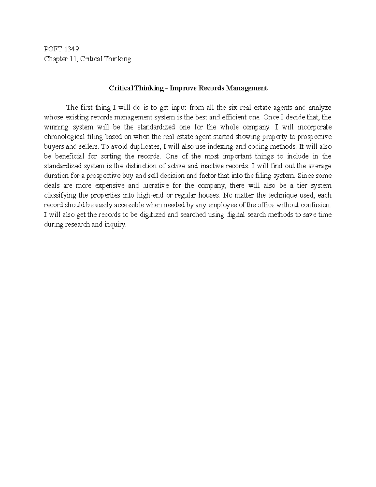 Chapter 11 - Critical Thinking - POFT 1349 Chapter 11, Critical ...