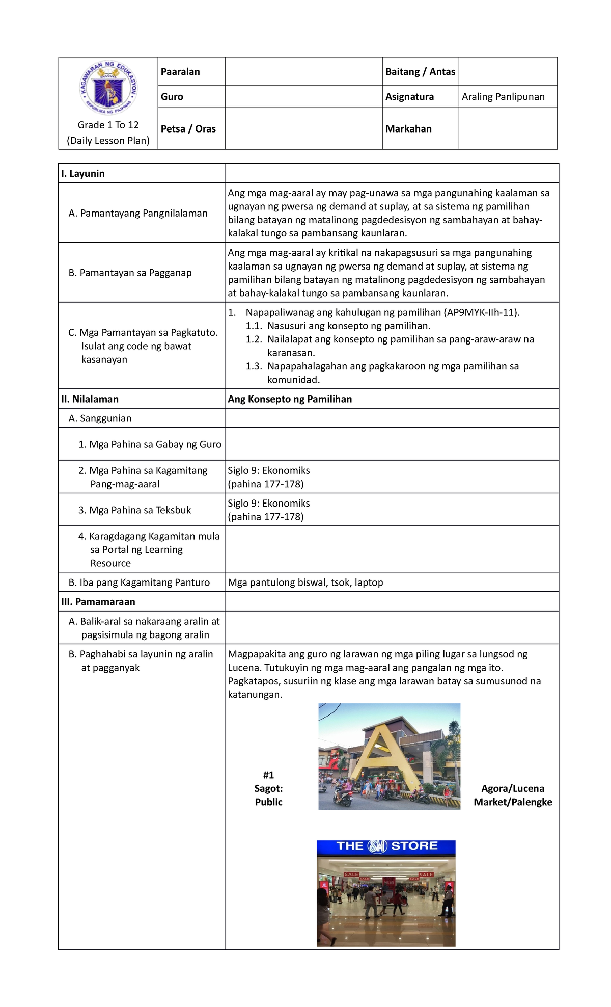 Ang Konsepto ng Pamilihan - Grade 1 To 12 (Daily Lesson Plan) Paaralan ...
