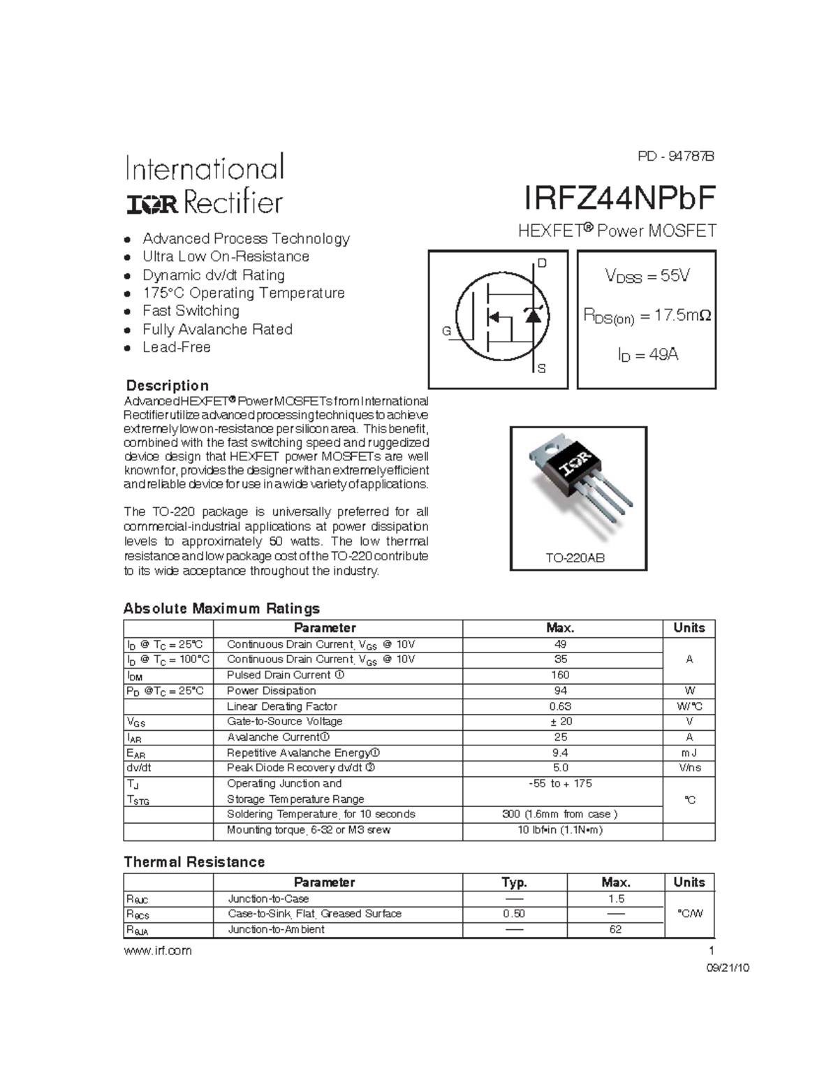 Infineon-IRFZ44N-Data Sheet-v01 01-EN - IRFZ44NPbF HEXFET ® Power ...