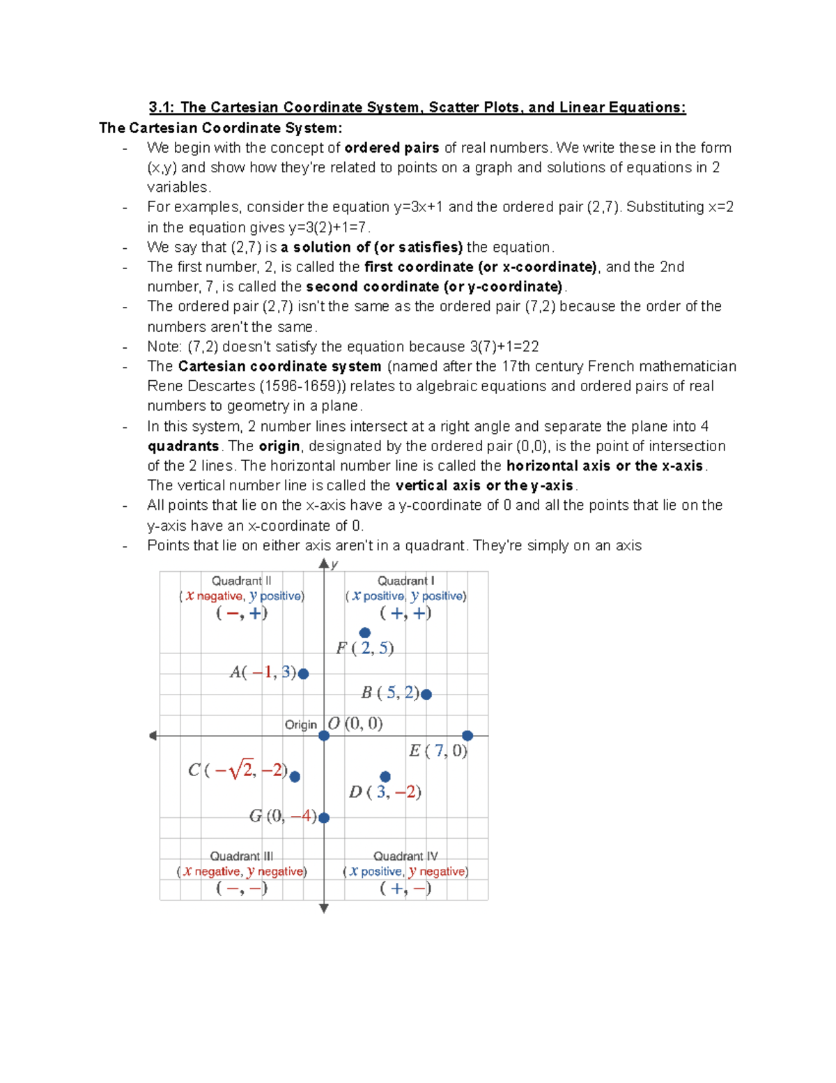 3.1 Math - notes - 3: The Cartesian Coordinate System, Scatter Plots ...