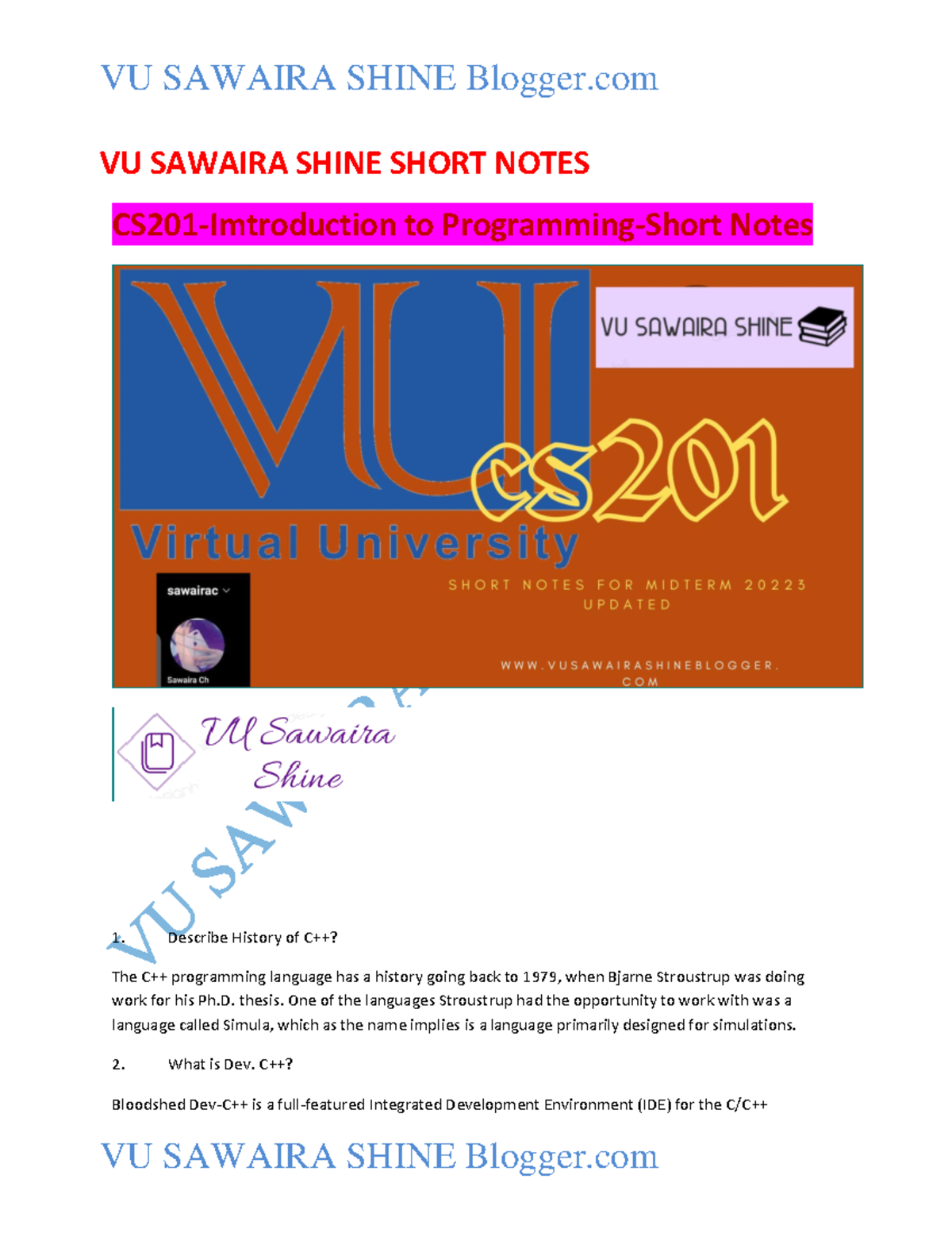 CS201 Midterm Short notes and Subjectives vu sawaira shine - VU SAWAIRA ...
