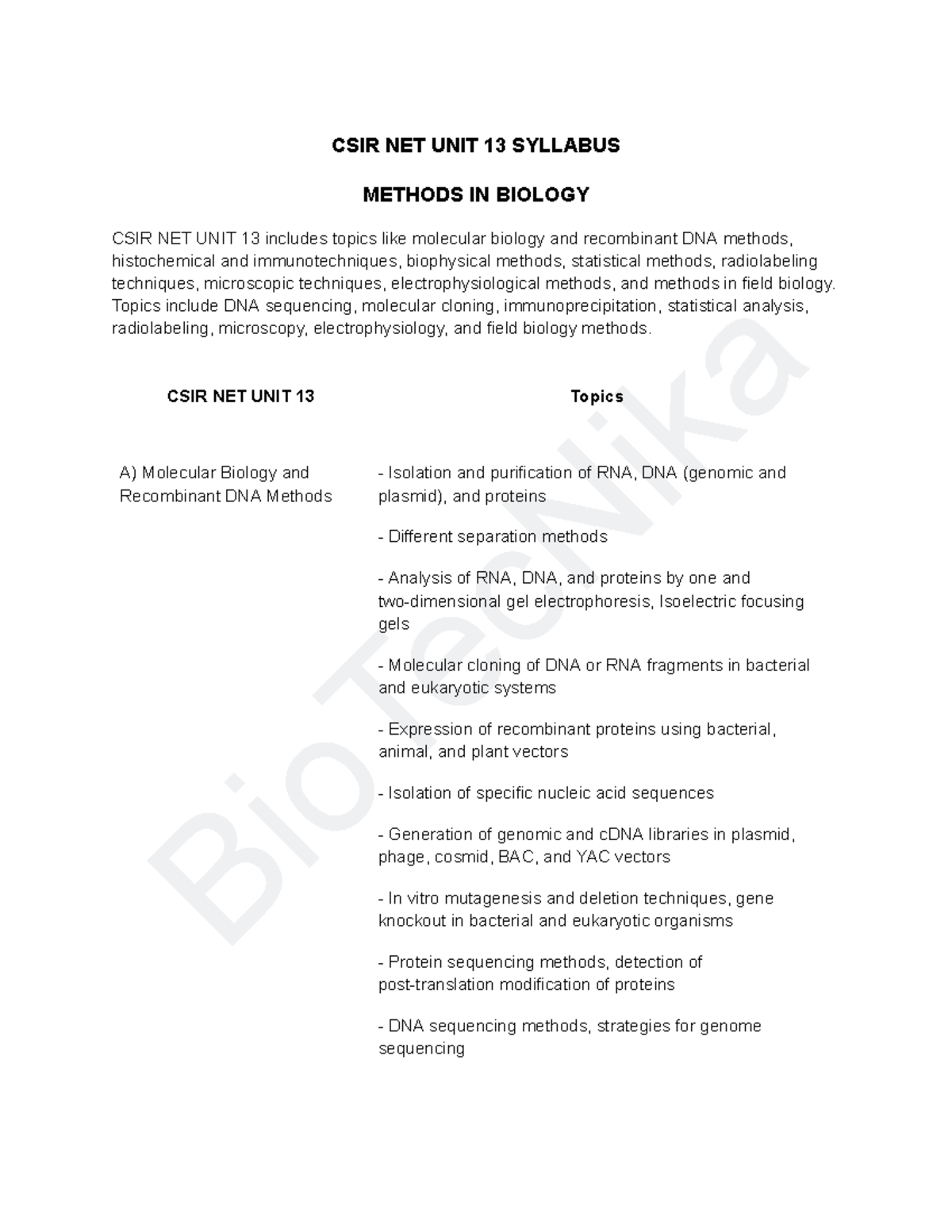 Csir Net Life Science Unit 13 Syllabus Biotecnika Csir Net Unit 13 Syllabus Methods In Biology