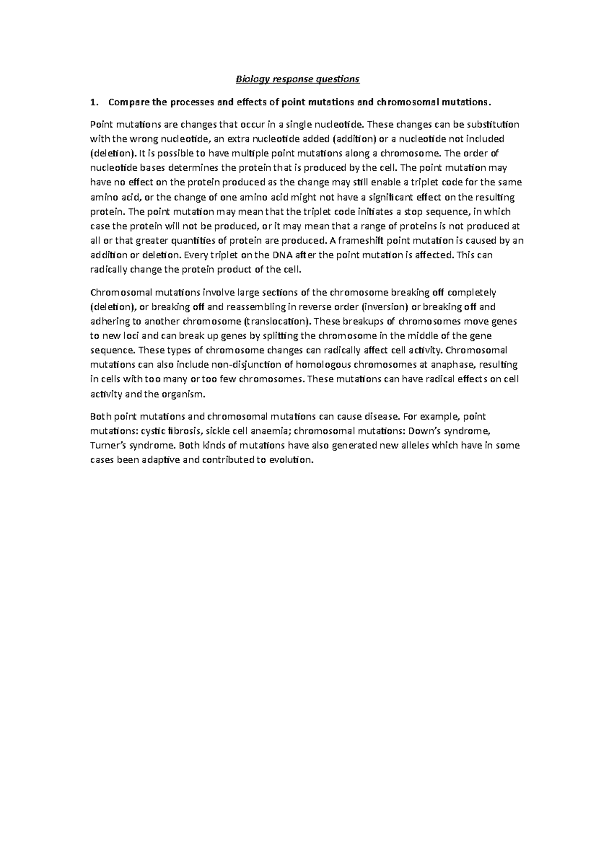 Biology response questions - Biology response questions Compare the ...