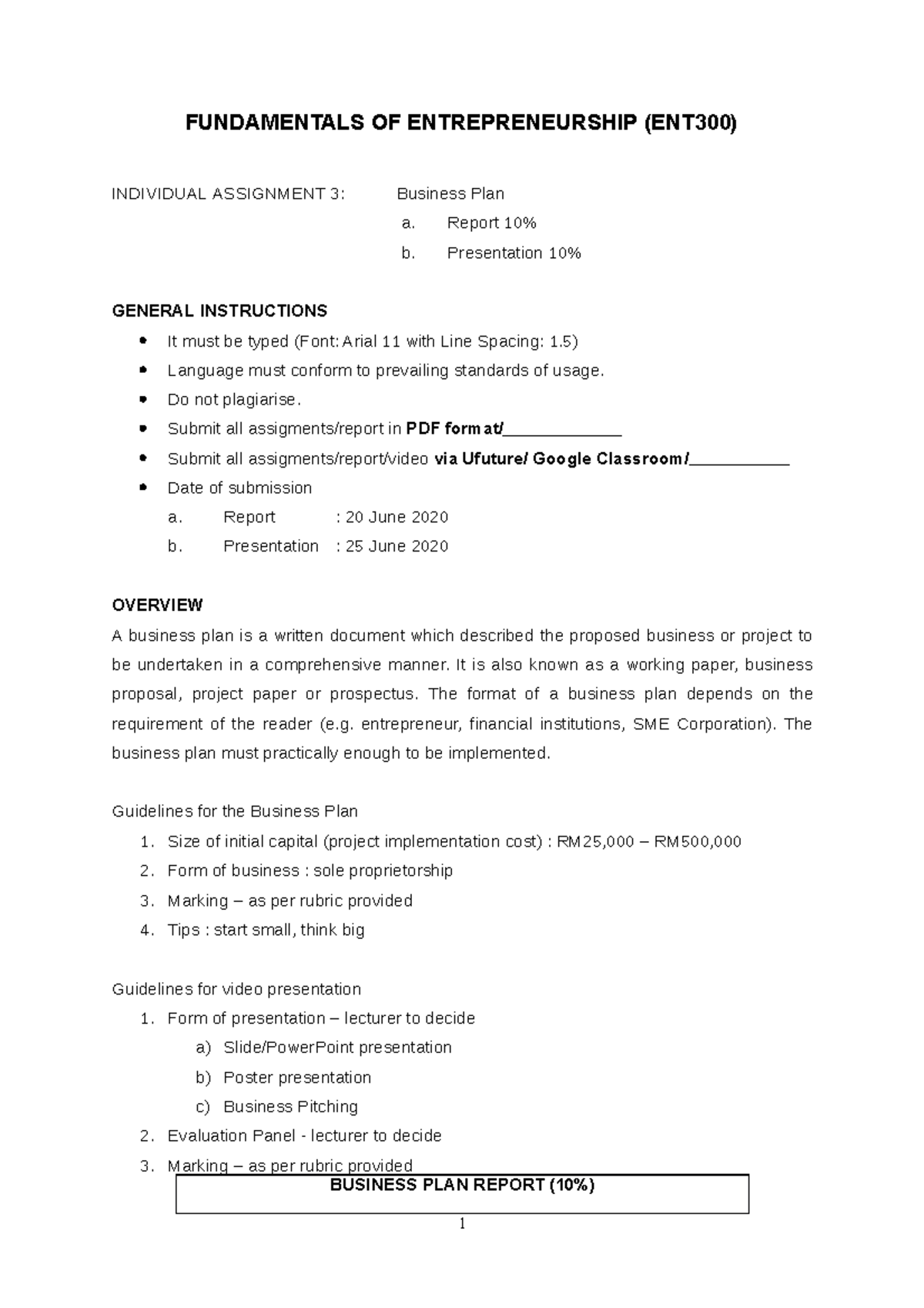 Business PLAN Format Revised RMO - 1 FUNDAMENTALS OF ENTREPRENEURSHIP (ENT300) INDIVIDUAL ...