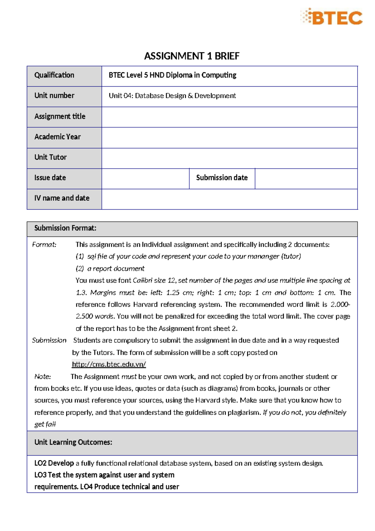 Assignment brief 2 - ASSIGNMENT 1 BRIEF Qualification BTEC Level 5 HND ...