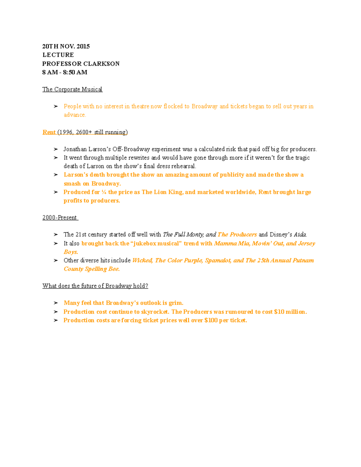 Lecture Notes - Musical Theatre Part 3, Broadway - 20TH NOV. 2015 ...