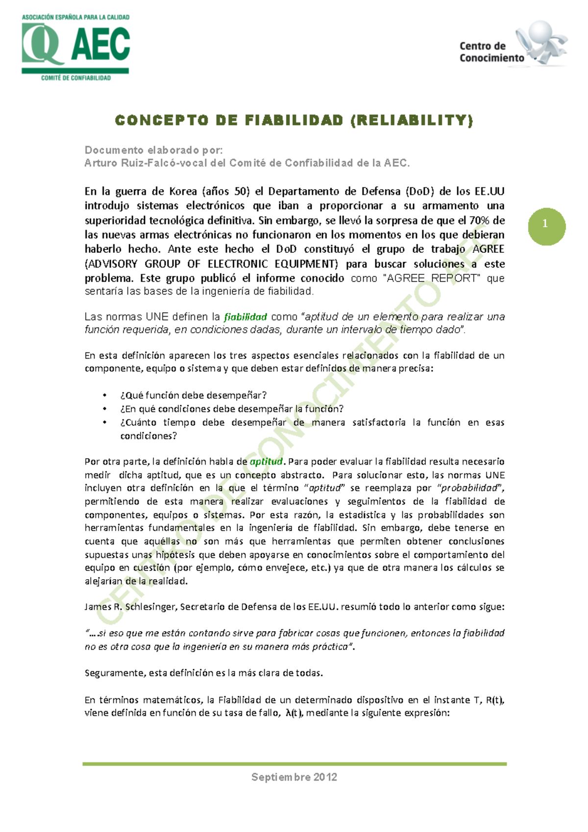 Concepto de Fiabilidad - 1 CONCEPTO DE FIABILIDAD (RELIABILITY) ठ⃚ ...