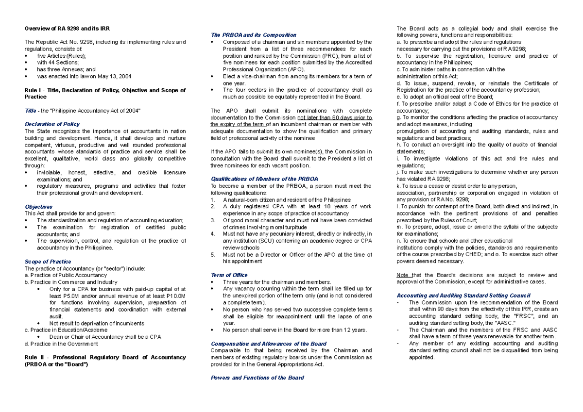 RA 9298 - RA 9298 Accountancy Act of 2004 - Overview of RA 9298 and its ...
