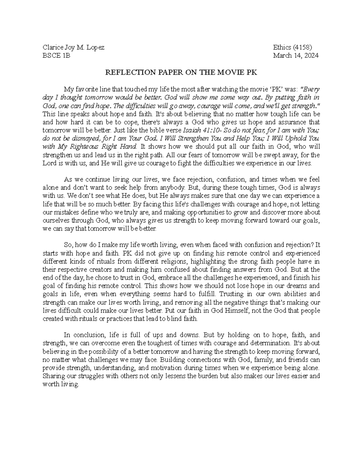 Ethics reflection - Clarice Joy M. Lopez Ethics (4158) BSCE 1B March 14 ...