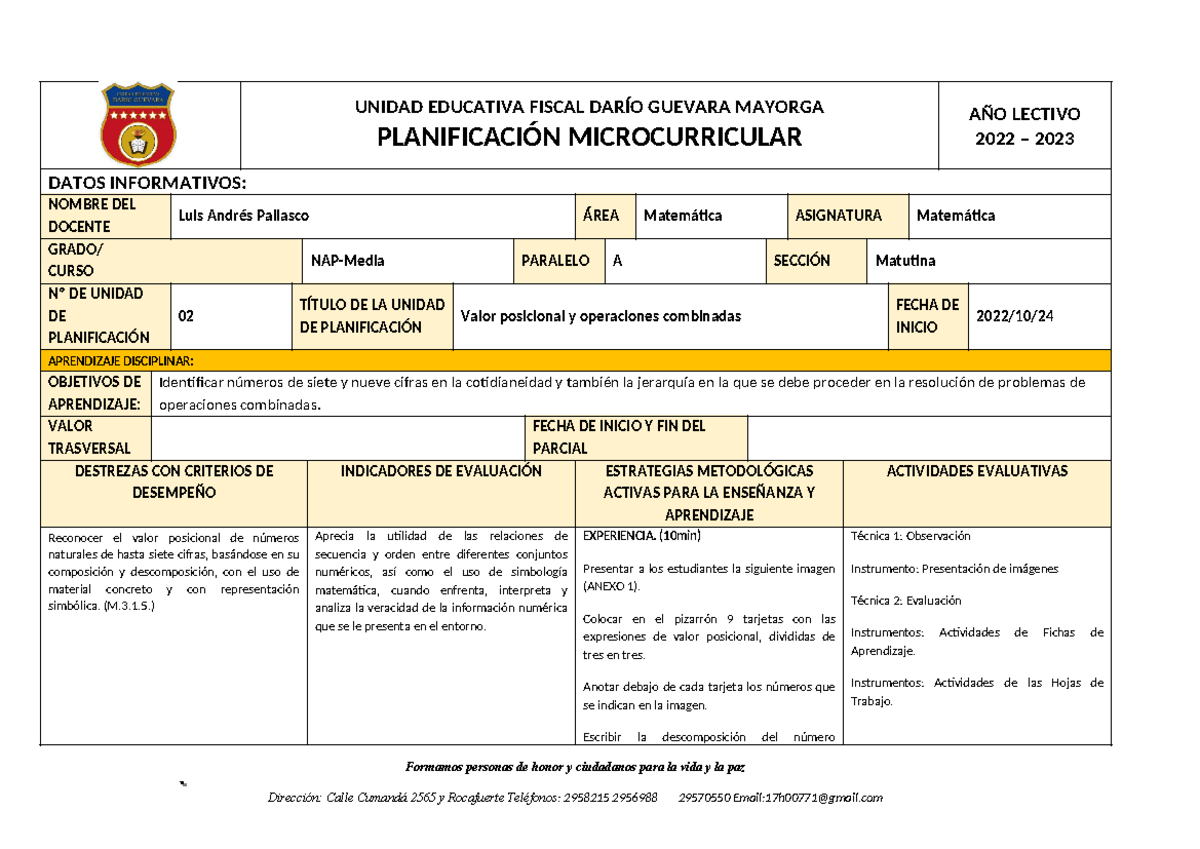 Planificación de Matemática Semana 2 - UNIDAD EDUCATIVA FISCAL DARÍO ...