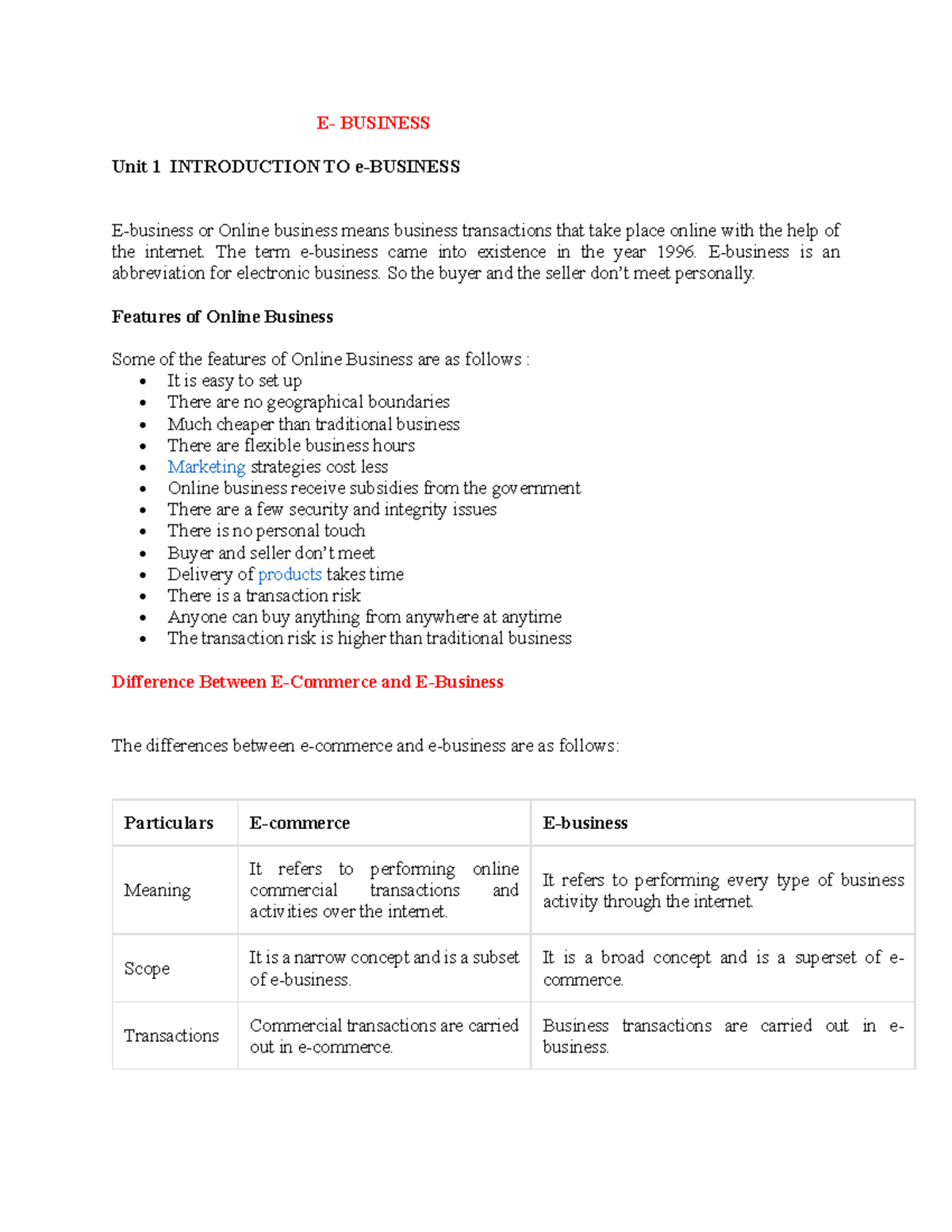 Unit 1- E Business - E- BUSINESS Unit 1 INTRODUCTION TO e-BUSINESS E ...