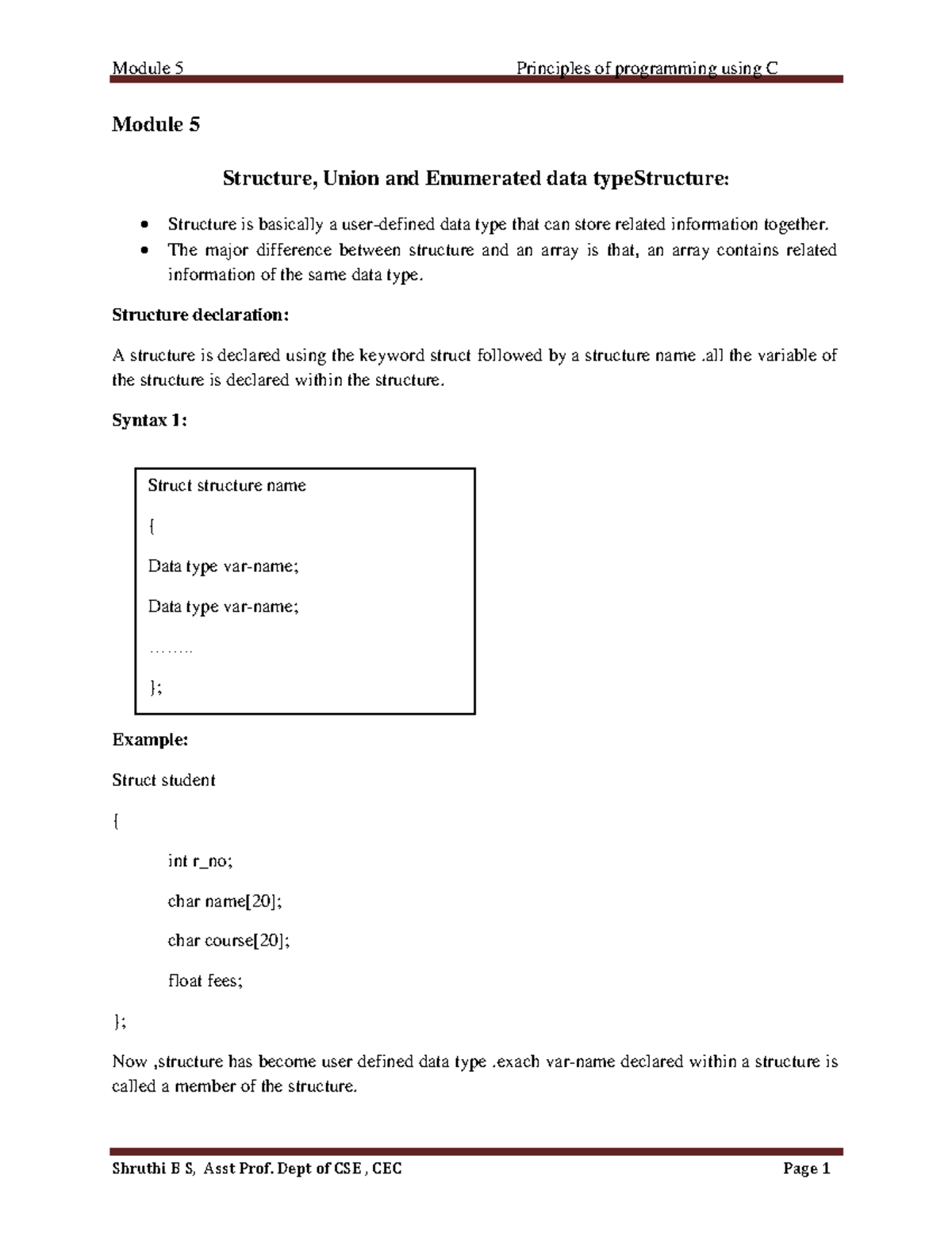 Module 5 Pop Notes Struct Structure Name Data Type Var Name Data Type Var Name